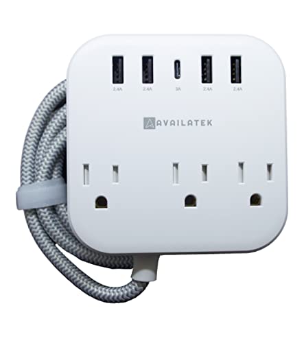Power Strip, 3 Outlets, 4 USB Charging Ports, 1 USB-C Port, 5Ft Braided Extension Cord. Wall or Desk. Home Office Travel