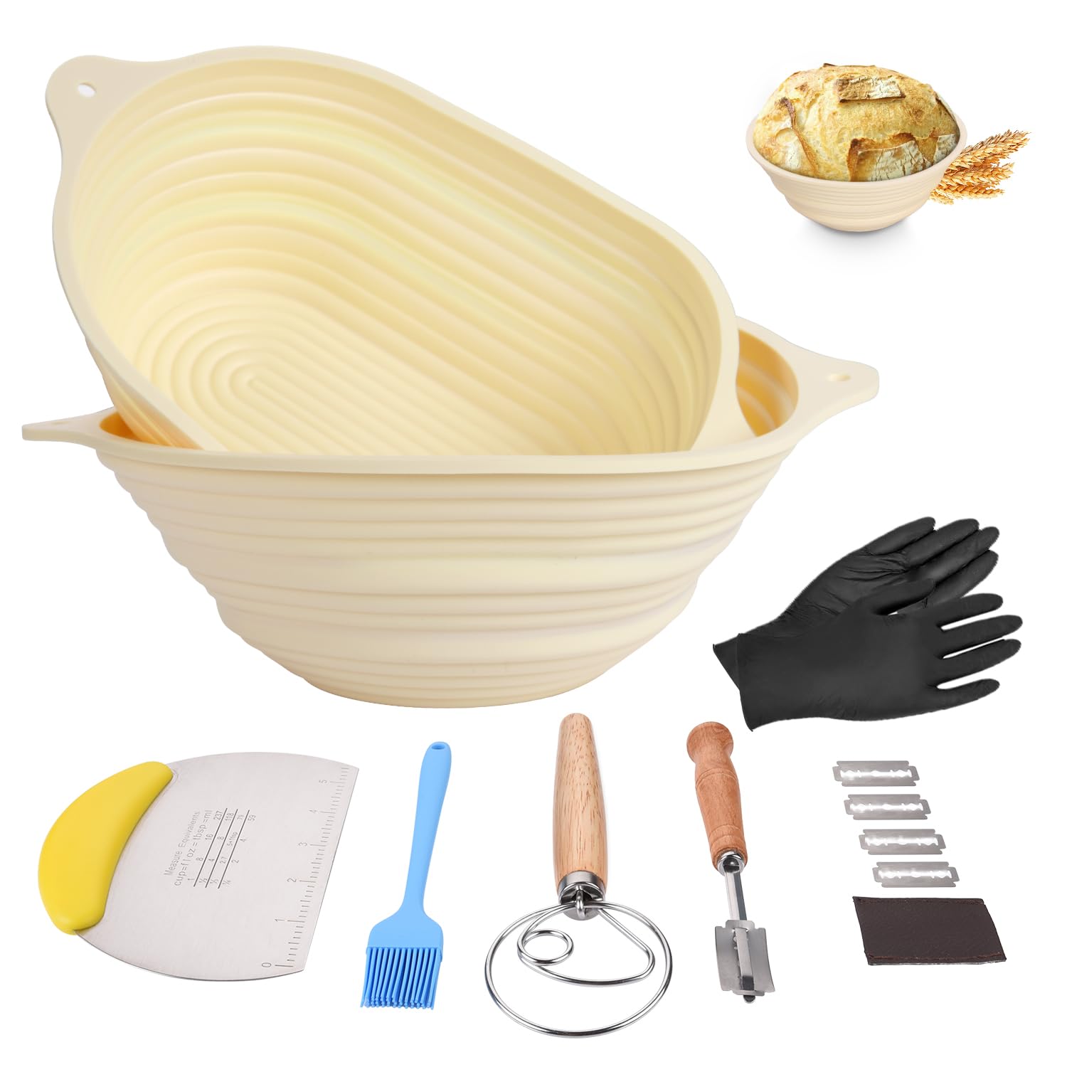 Silicone Banneton Bread Proofing Basket Set Of 2 -Sourdough Bread Baking Supplies, 9 Inch Round & 10 Inch Oval Foldable Bread Bowls, bread basket For Proofing Baskets With Essential Tools - Beige