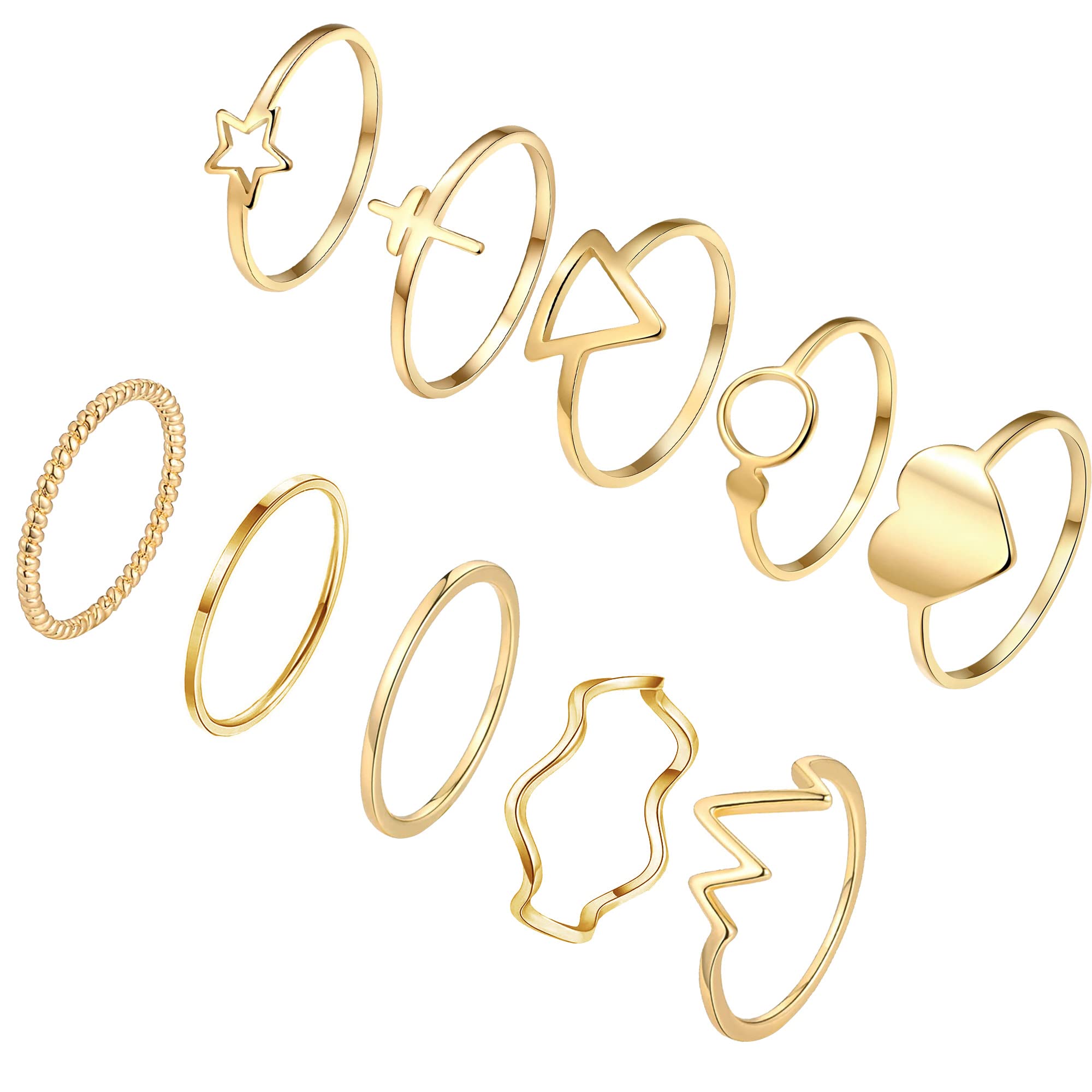 MJust 10PCS 14K Gold/Silver Plated Stacking Ring Set for Women Dainty Thumb Stackable Rings Gold Heart Statement Rings Plain Band Size 5-9 (Gold Tone, 8)