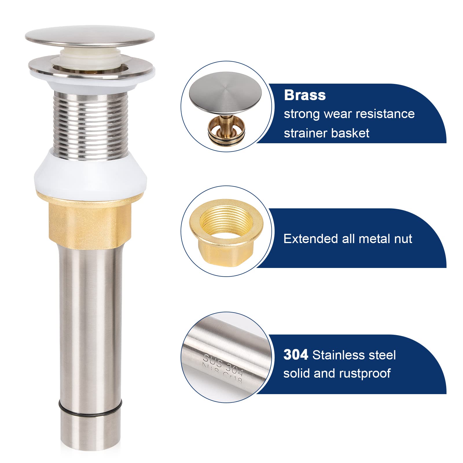 NearMoon Bathroom Sink Drain Without Overflow, 304 Stainless Steel Pop up Drain with Detachable Strainer Basket, Anti-Clogging Hair Catcher Assembly Stopper Vessel Sink (Brushed Nickel)