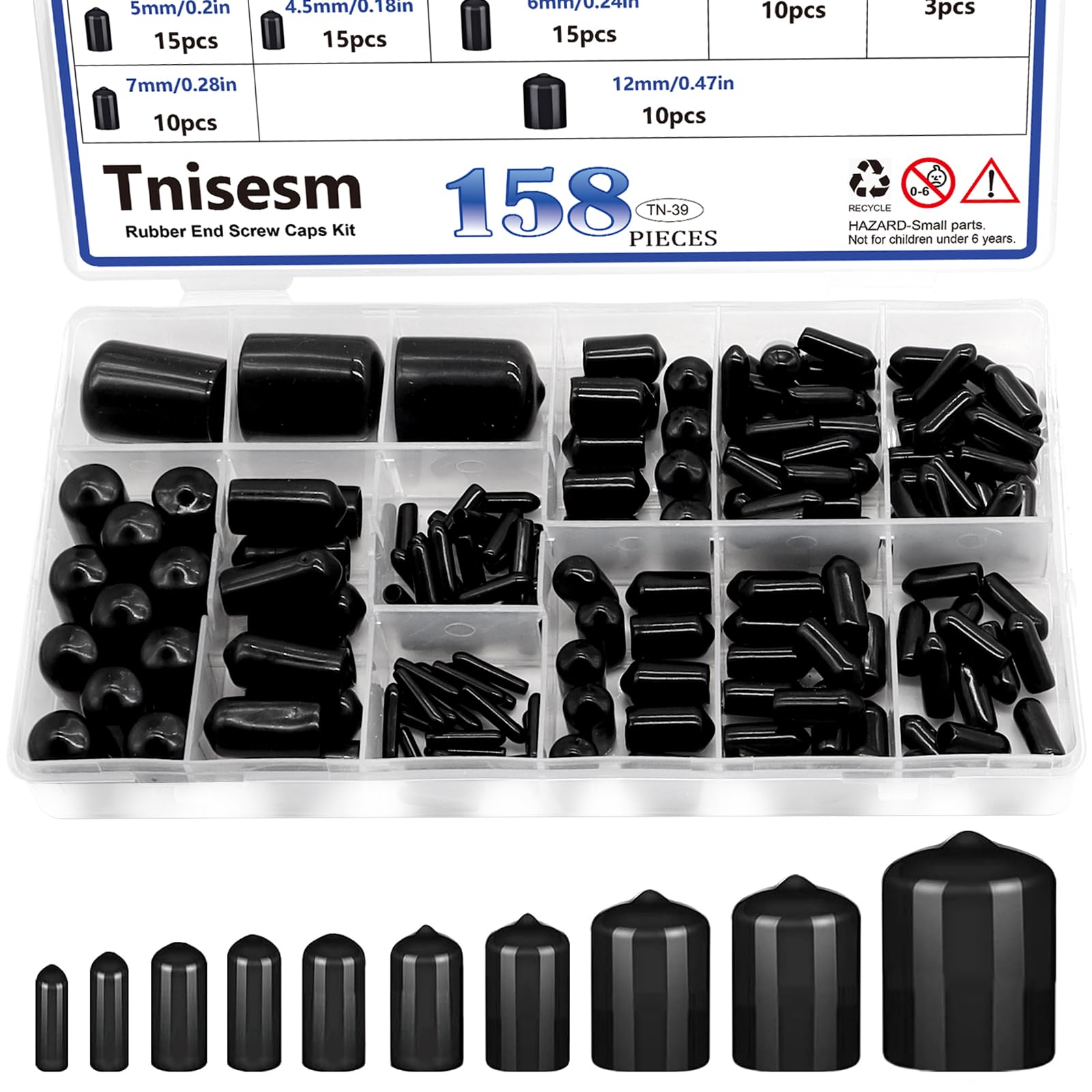Tnisesm 158Pcs Rubber End Caps Black Round Vinyl End Caps Bolt Screw Covers Caps Rubber Thread Protector Caps Cover in 2/25" to 4/5"