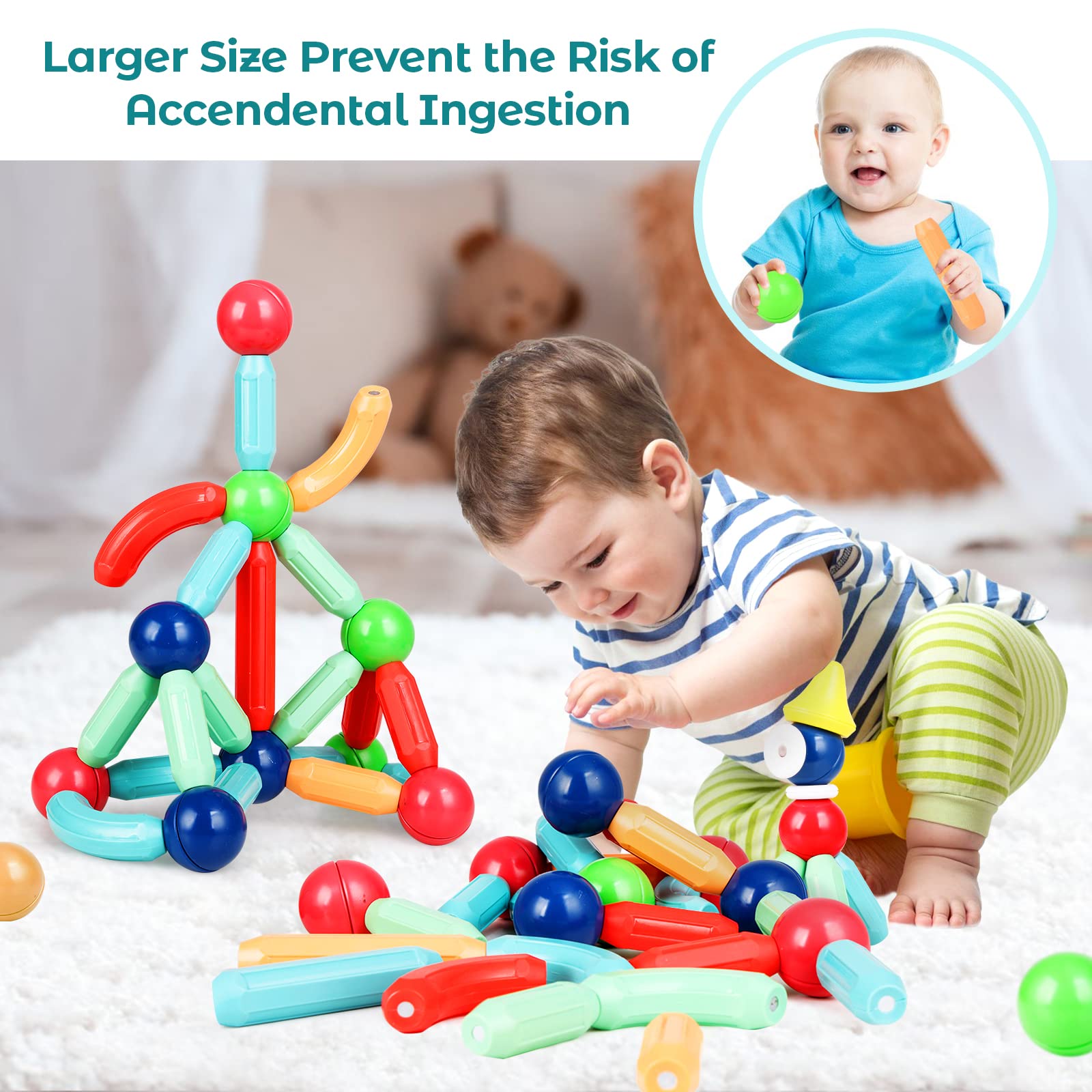 Ragstone Magnetic Building Sticks Blocks, 130Pcs 3D Educational STEM Toys Learning Magnet Construction Toy for Boys Girls