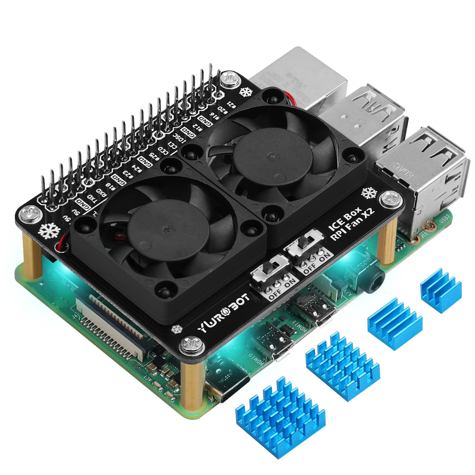 Raspberry Pi Fan 4B Dual Cooling Fans with Automatic Discoloration LED Raspberry Pi 4B Heatsink kit with 4 Cooling Fin Raspberry Pi GPIO Expansion Board Compatible with Raspberry Pi 4B/ 3B+/ 3B/ 3A+