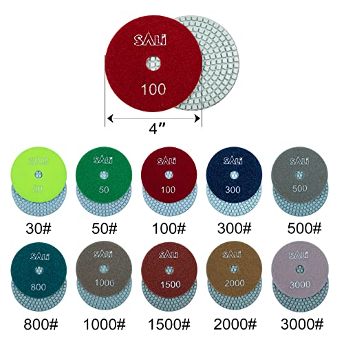 Sali 10 Pack Diamond Polishing Pads 4 Inch Wet/Dry Granite Stone Polish Pad Kit for Drill, Grinder, Polisher Polishing Pad for Concrete Marble Stone Countertop Quartz 1000# Grit