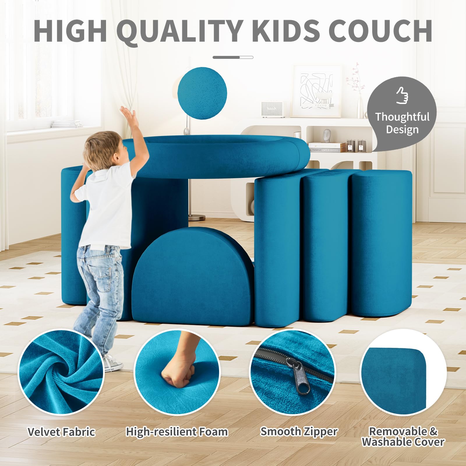 wanan Modular Kids Play Couch, 12PCS Kids Couch with Balls and Tunnel, Kids Couch for Playroom and Bedroom, Kids Modular Couch for Playing, Creativing, Modular Couch Kids (Blue)