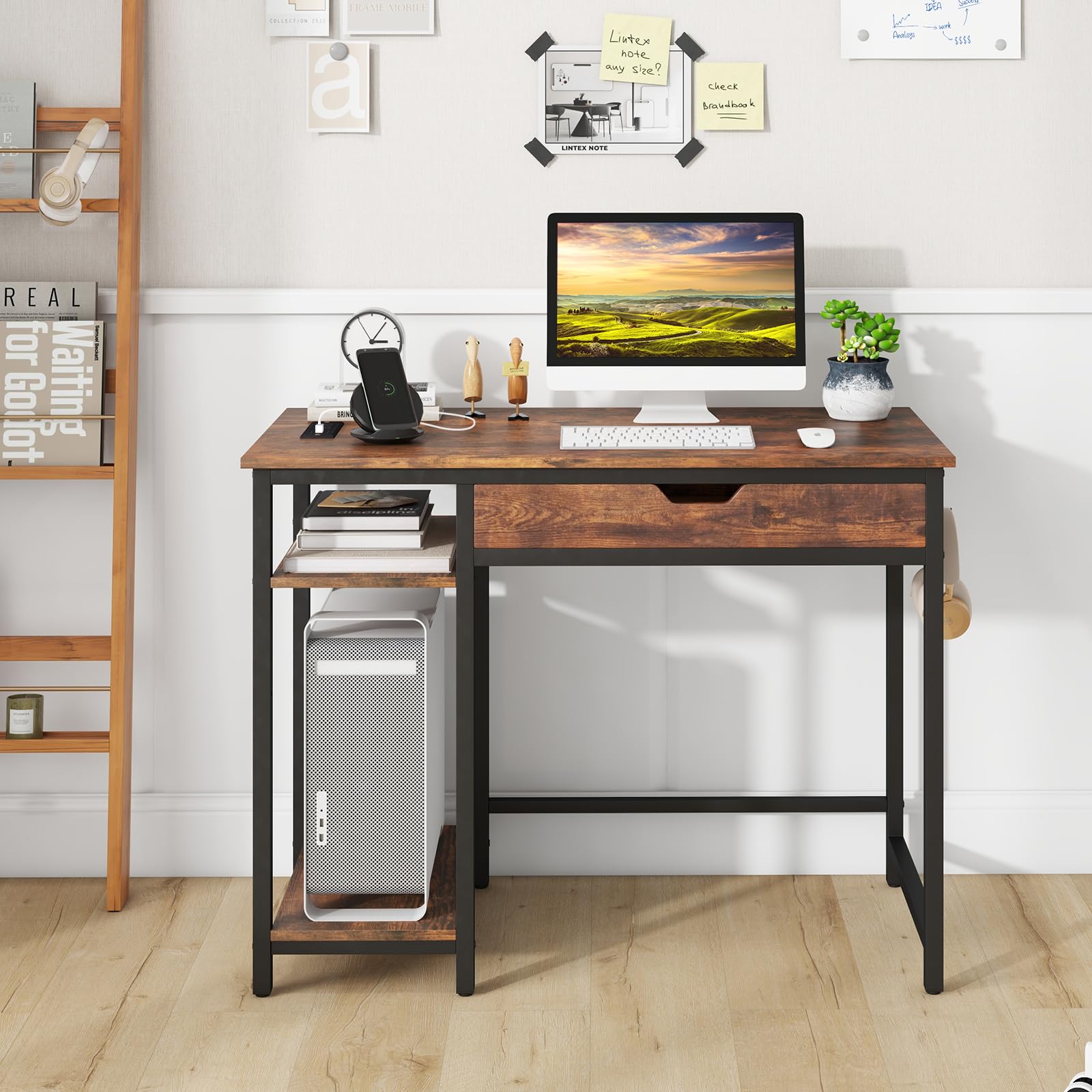 Tangkula Computer Desk with Charging Station, 40β Industrial Home Office Desk with Drawer & Adjustable Shelf, Compact Computer Workstation with CPU Stand & Headphone Hooks, Study Writing Desk