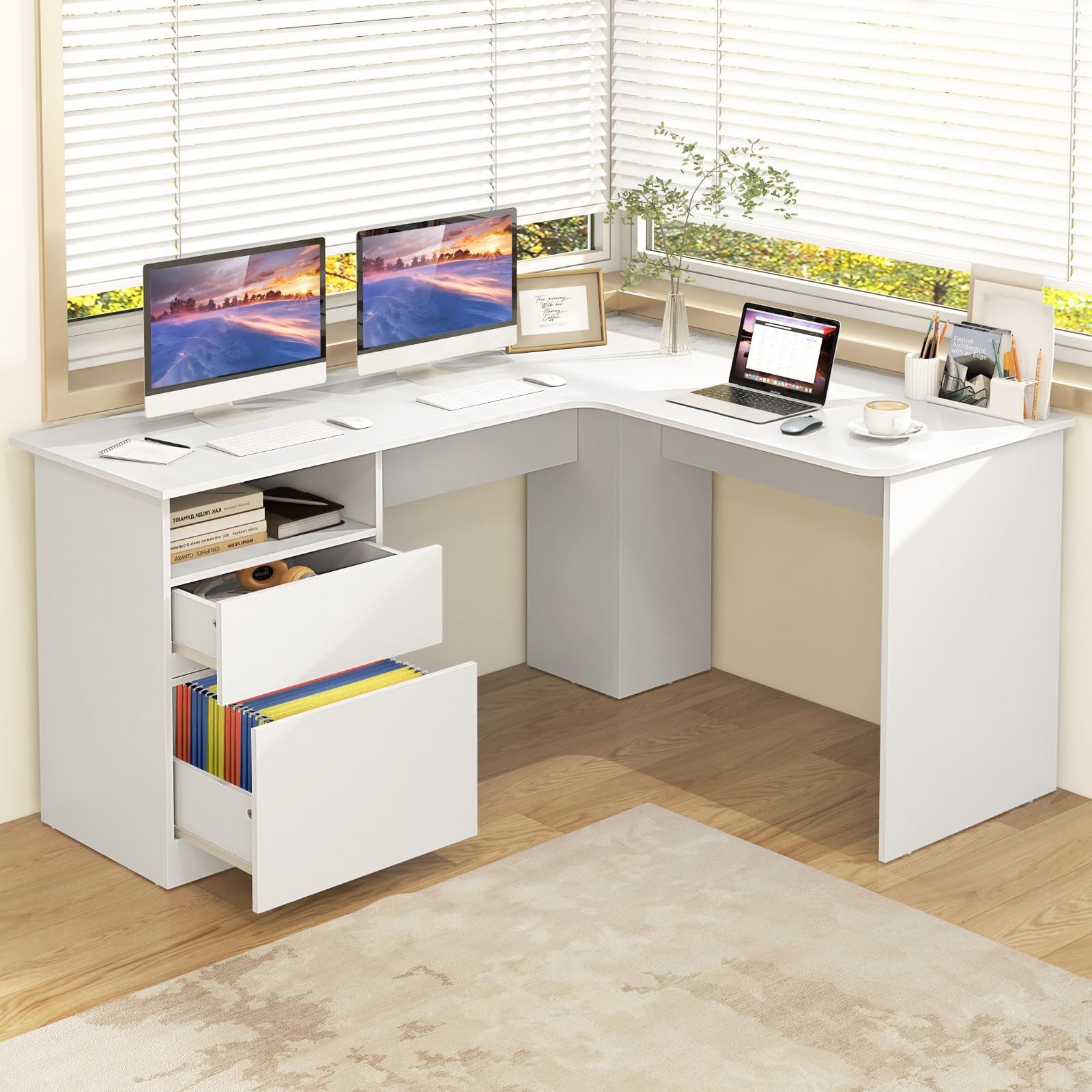 Tangkula L-Shaped Desk with 2 Storage Drawers, 59β Corner Computer Desk with File Drawer & Open Shelf, Computer Workstation with 2 Cable Management Holes, Space-Saving Executive Office Desk (White)