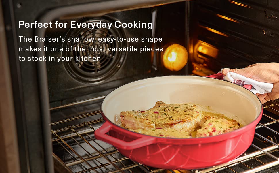 Misen Enameled Cast Iron Braiser Pan with Lid - Shallow Depth for Braising & Poaching - Durable Cookware - Oven Safe - Easy Handling - Chip-Resistant Enamel - Multi-Purpose Cooking - Red