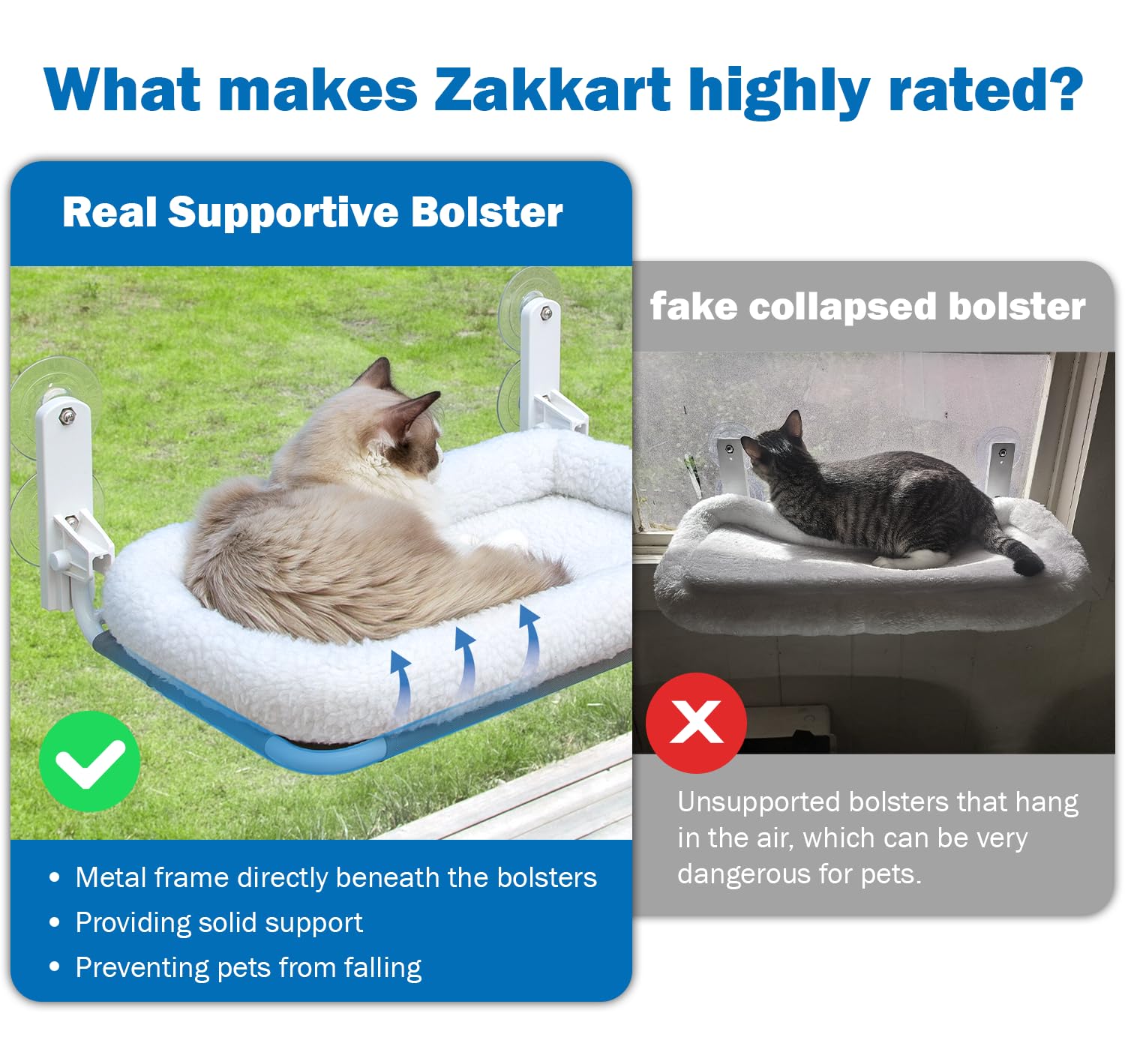 Zakkart Foldable Cat Hammock for Window - Cordless, Embeded Machine Washable Padded Bed, Robust Metal Frame - Cat Window Perch for Large Cats and Kittens (White Bolster Bed, Medium)