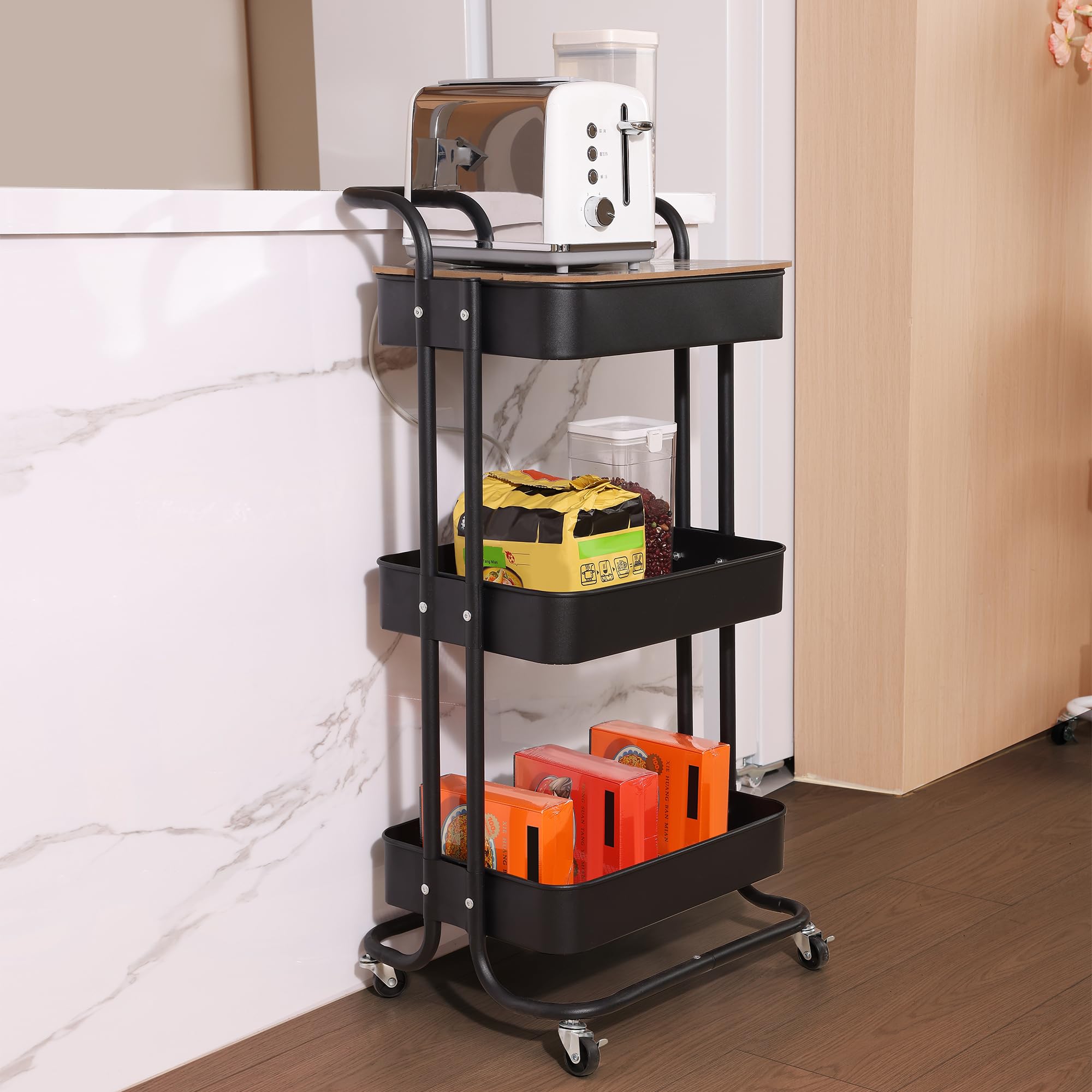 LING RONG 3-Tier Utility Rolling Metal Storage Cart,Heavy Duty Multifunction Cart with Lockable Wheels,Cover,4 Hooks 2 Storage Boxes for Kitchen Living Room Office Bathroom (U-Shaped Armrest, Black)