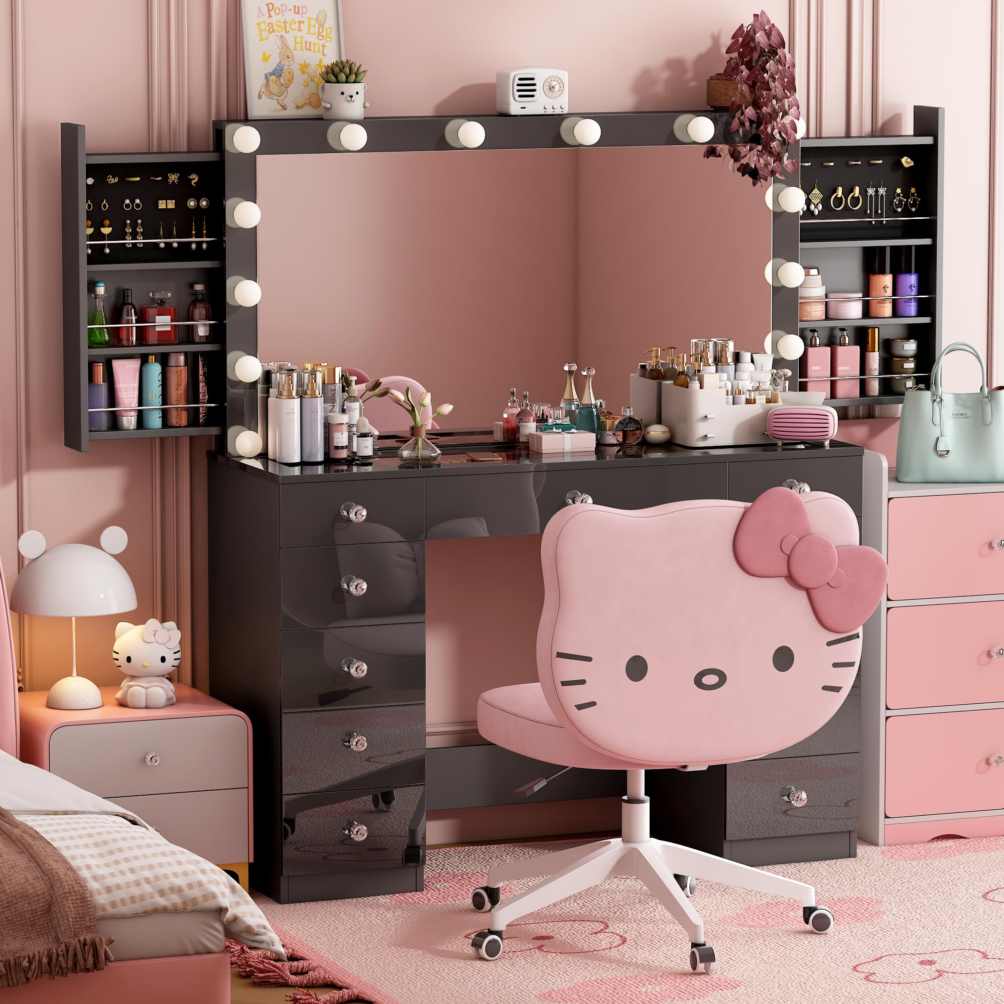 wanan Vanity Desk with Power Outlet, Makeup Vanity with Mirror and 14 LED Light, 3 Lighting Modes,11 Drawer Vanity Table with Sliding Jewelry Storage, Glass Top, Specular Surface, White