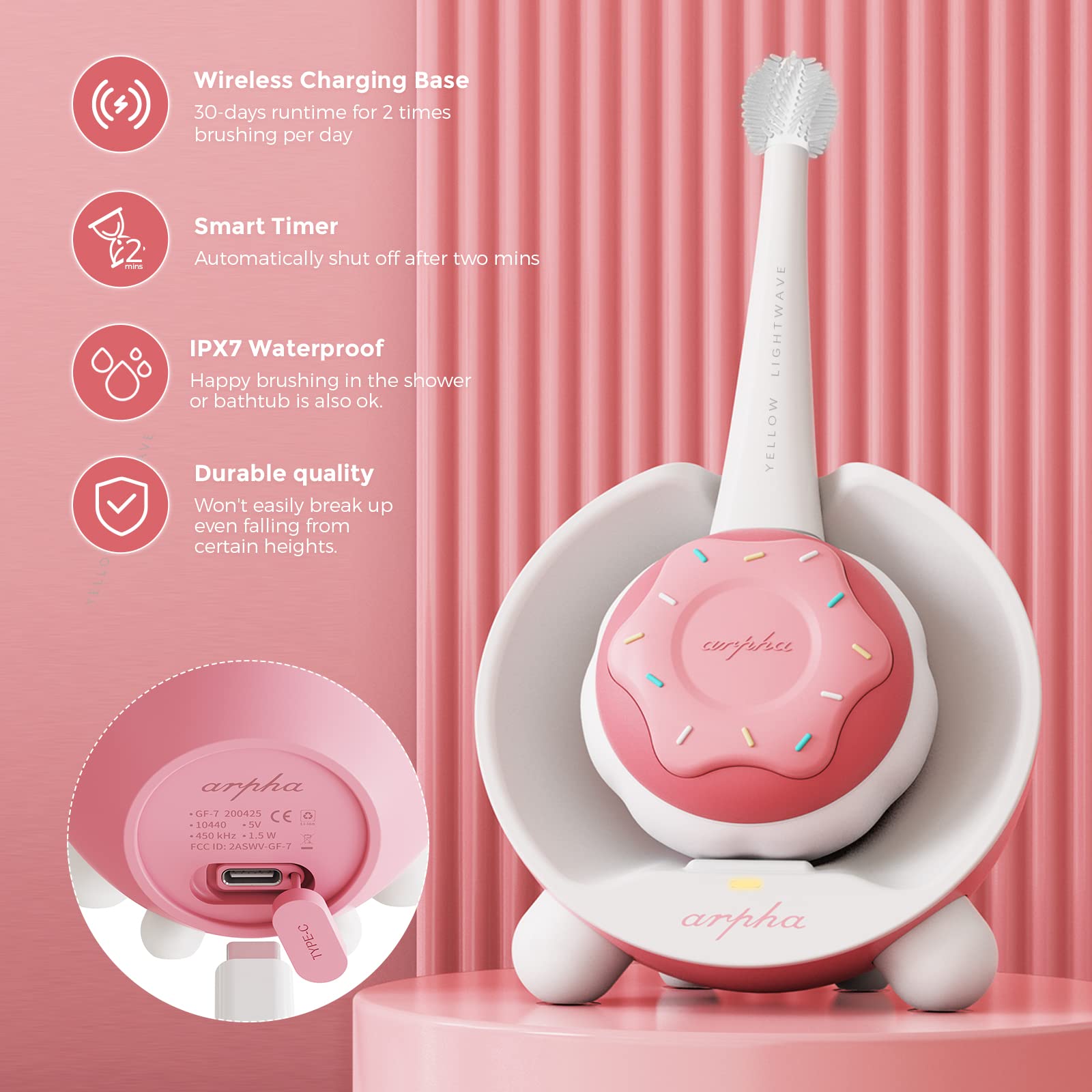 Rechargeable Electric Toothbrush for Baby, Toddler Electric Toothbrush with LED Light, Easy-Grip Silicone Handle, 3 Modes with 2 Minutes Smart Timer, Ages 1+, Pink