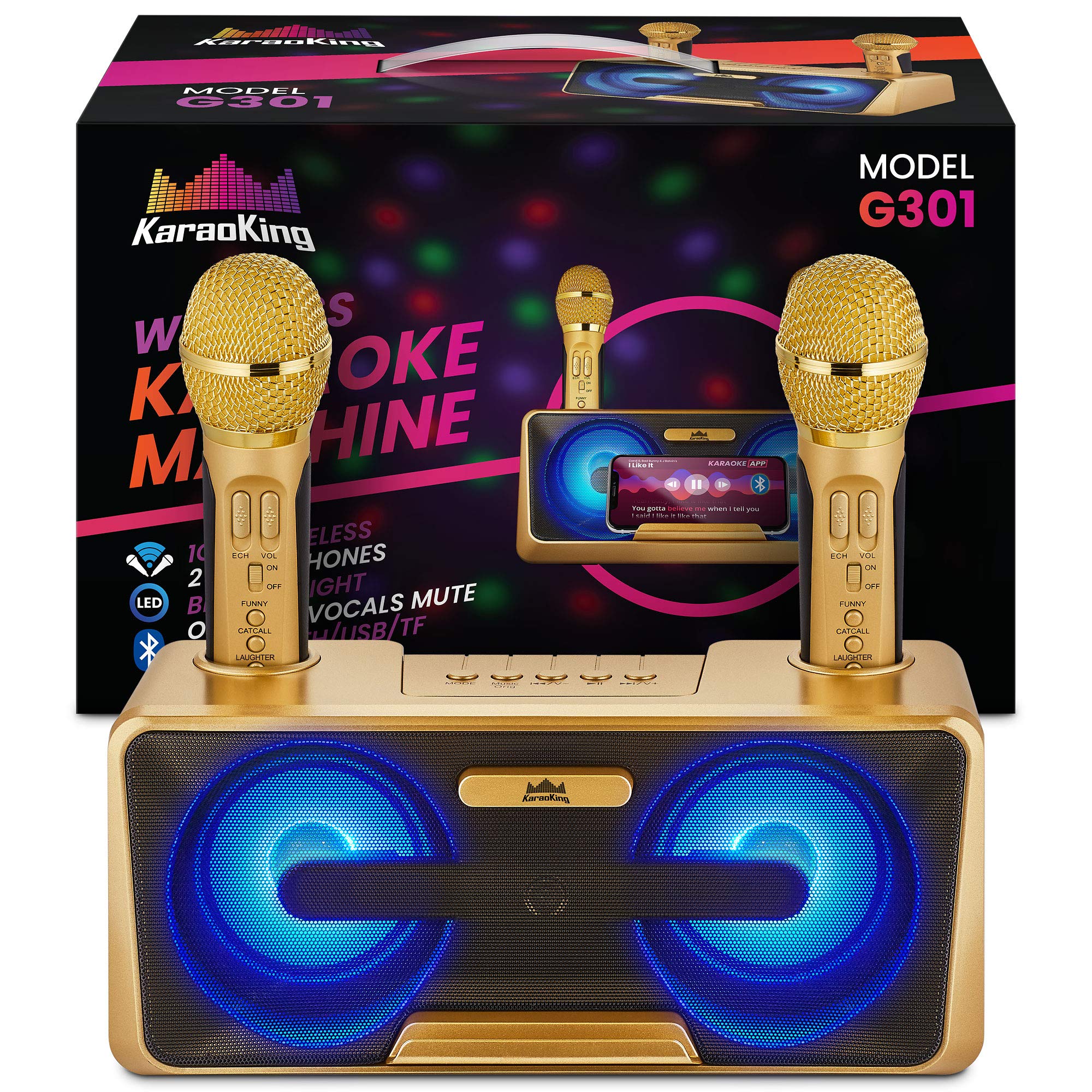 KaraoKing New 2020 Karaoke Machine – for Adults and Kids – 2 Wireless Karaoke Microphone, SD Card, USB, Bluetooth Compatible, LED Lights – Home, Bachelor Party, Picnic, Outdoor/Indoor [G301 Gold]