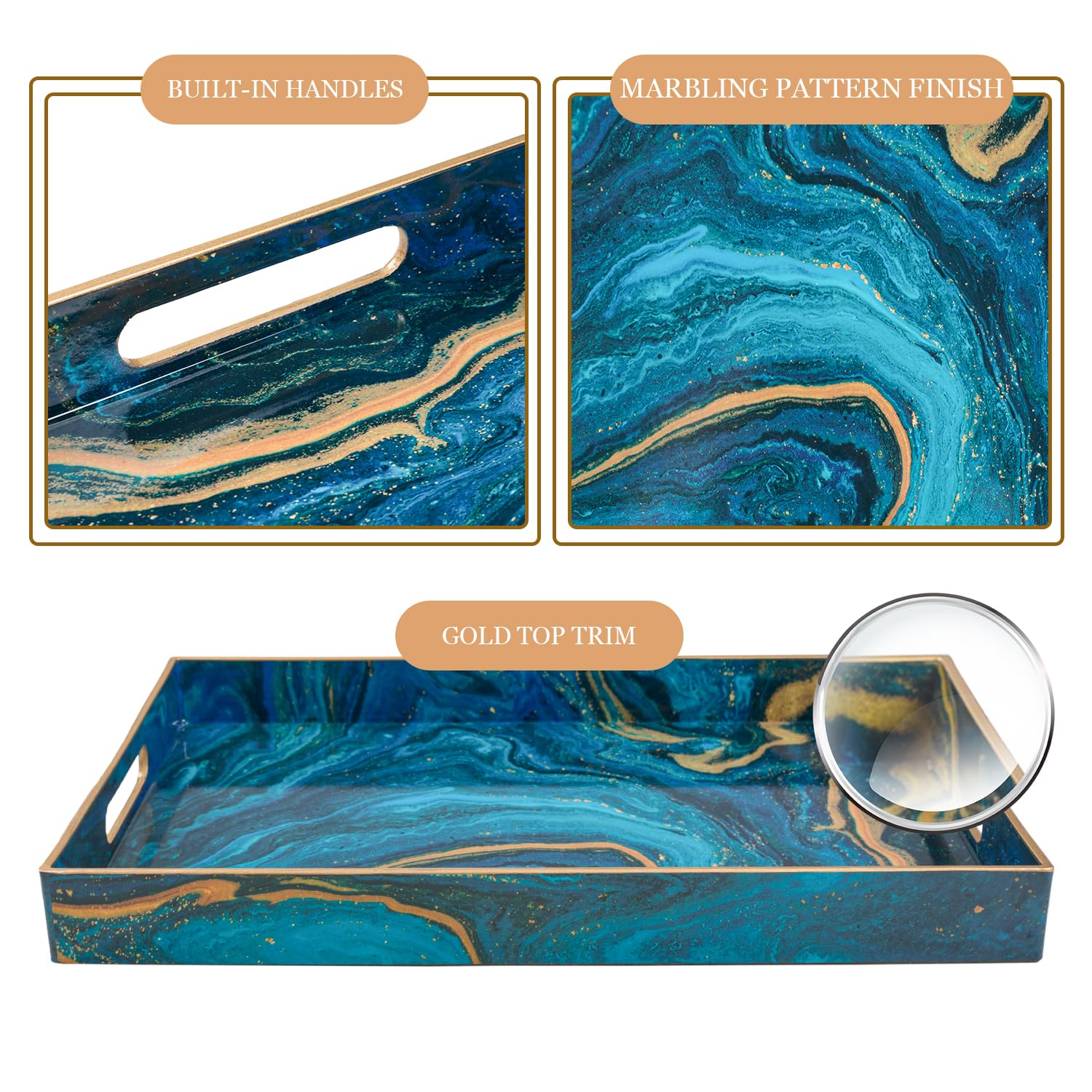 MAONAME Plastic Decorative Tray, Marbling Tray with Handles, Rectangular Coffee Table Tray, Serving Tray for Ottoman, Bathroom, 15.7β x 11.8β, Blue