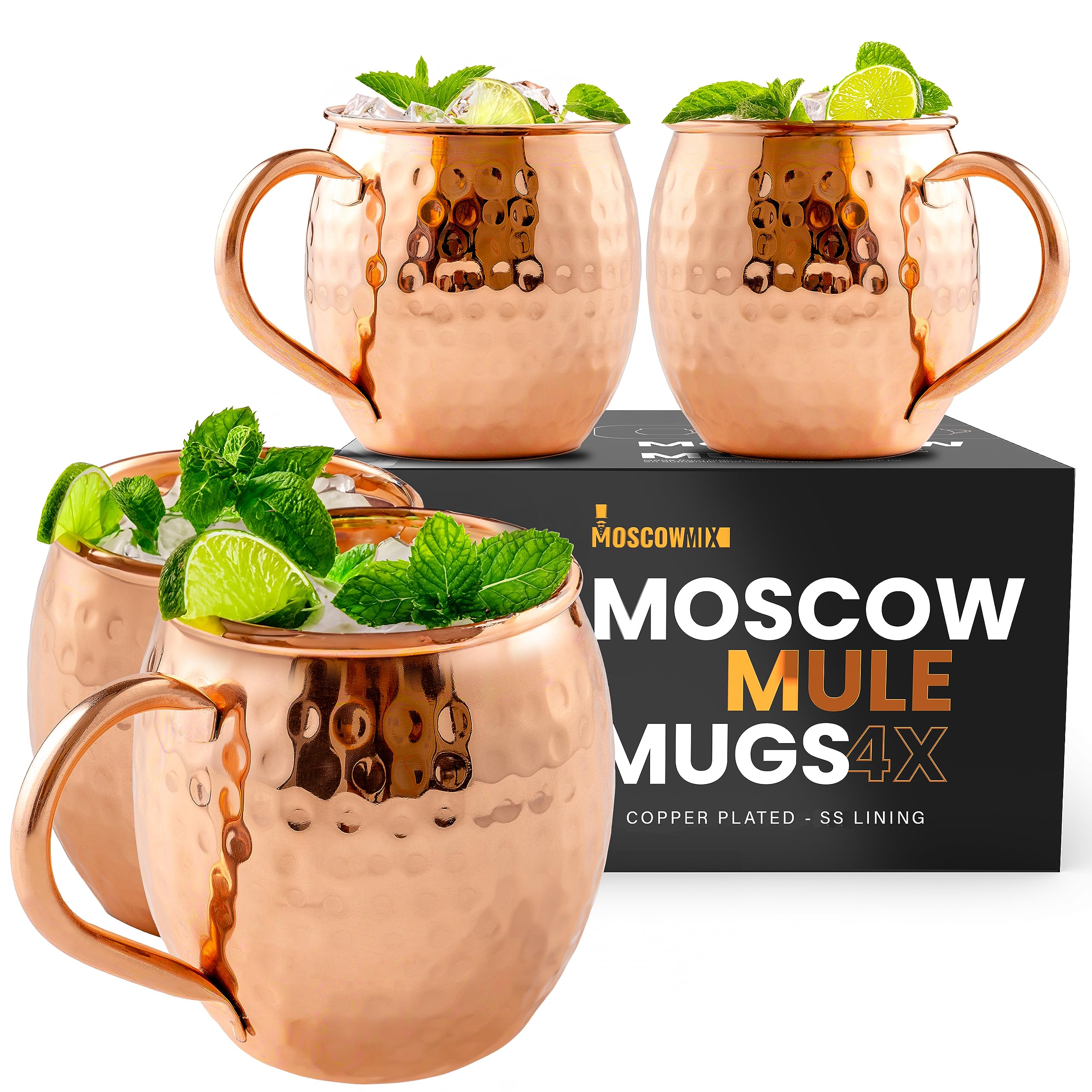 Moscow-Mix Moscow Mule Mugs Large 16 oz - 100% Pure Plated Copper Cups with Premium Stainless Steel Lining - Moscow Mule Cups Set of 4 - Mule Mugs Perfect for Party Drinking and Gift