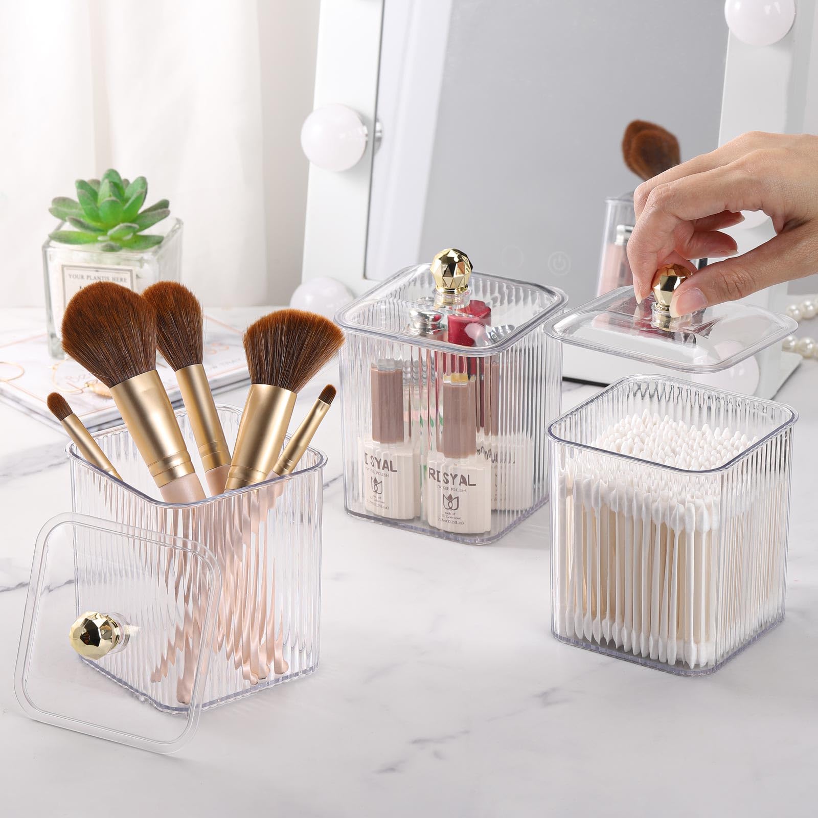 Tbestmax 3 Pack Qtip Holder Dispenser Clear Bathroom Organizer Jar Cotton Swab/Pad/Ball Holder Container Cosmetics Storage for Vanity