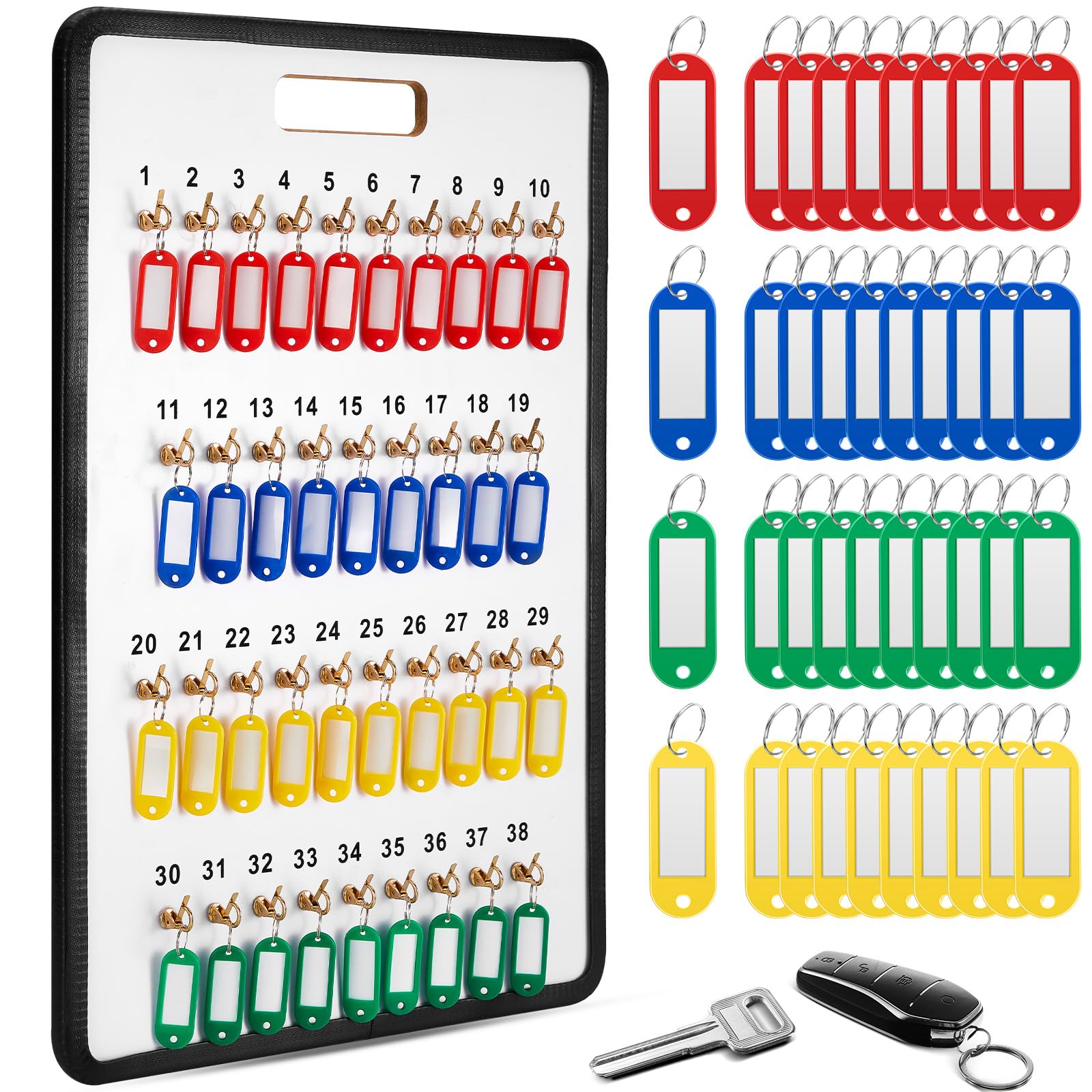 RattanView Key Hook Board with 40 Pcs Key Tags Set 23.4 x 15.5 Inch Key Holder Wall Mount with 38 Hooks Self Closing Tabs Colored Key Labels for Car Hotels Office House Key Storage Organization
