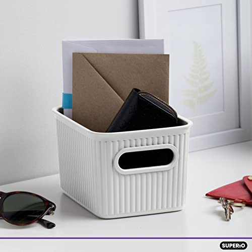 Superio Ribbed Collection - Decorative Plastic Open Home Storage Bins Organizer Baskets, Small White (4 Pack) Container Boxes for Organizing Closet Shelves Drawer Shelf 1.5 Liter