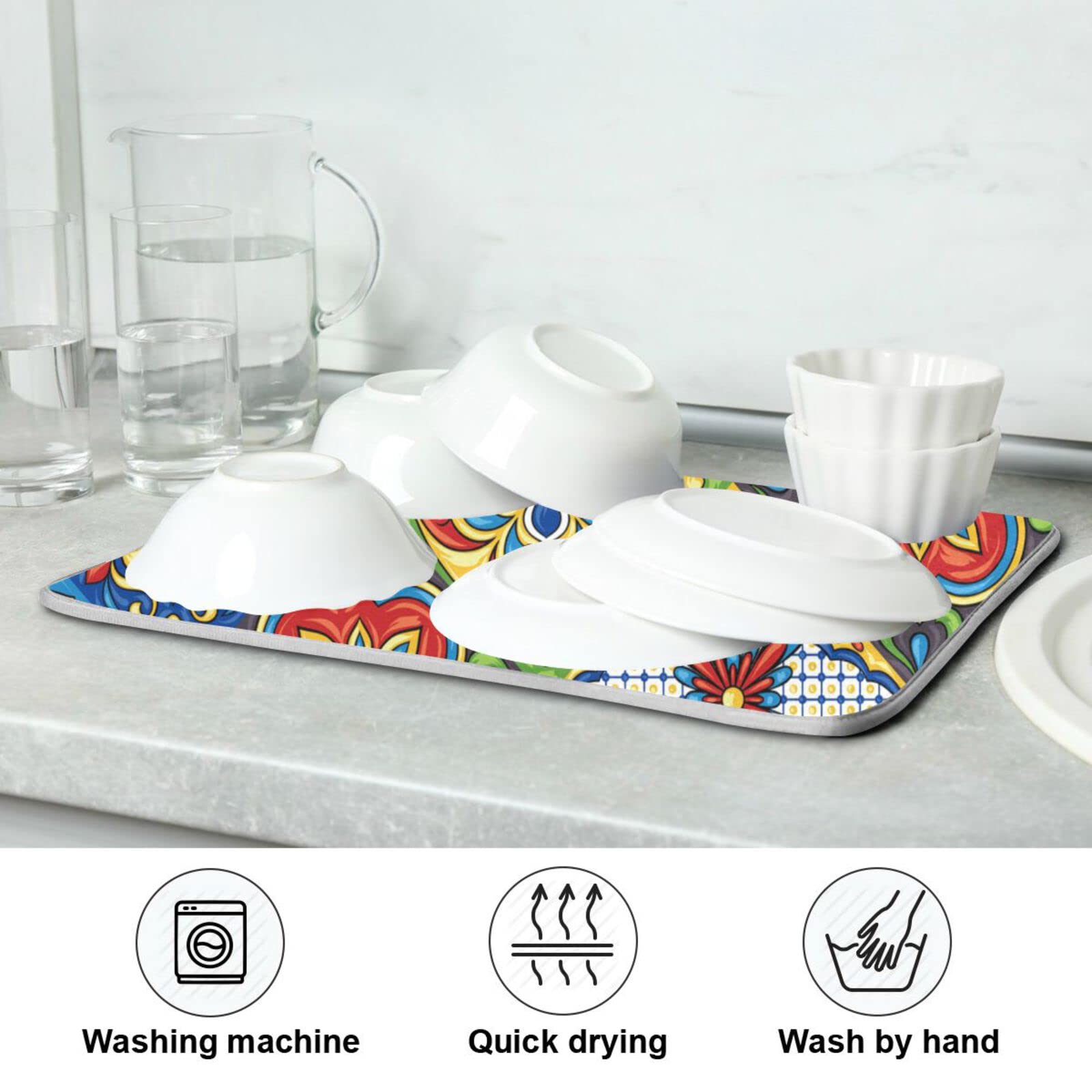 Mexican Talavera Tile Dish Drying Mat for Kitchen Counter, Microfiber Dish Drainer Mat for Kitchen Countertop 18 x 24 inch