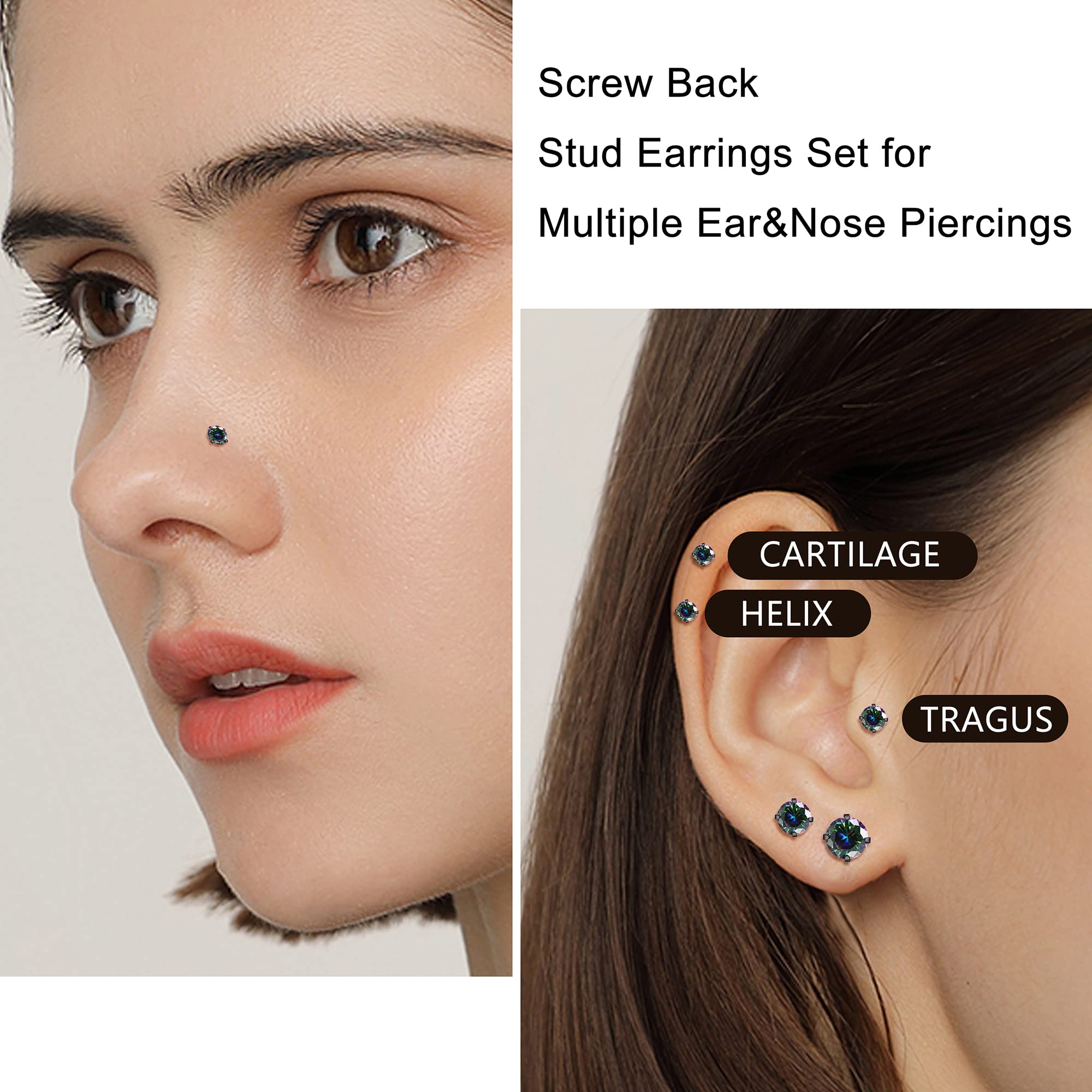Jstyle 5Pairs 18G Stainless Steel CZ Stud Earrings for Women Men Cartilage Helix Earrings Set Round CZ Screw back Flat Back Stud Earring Piercing Set 3-8mm