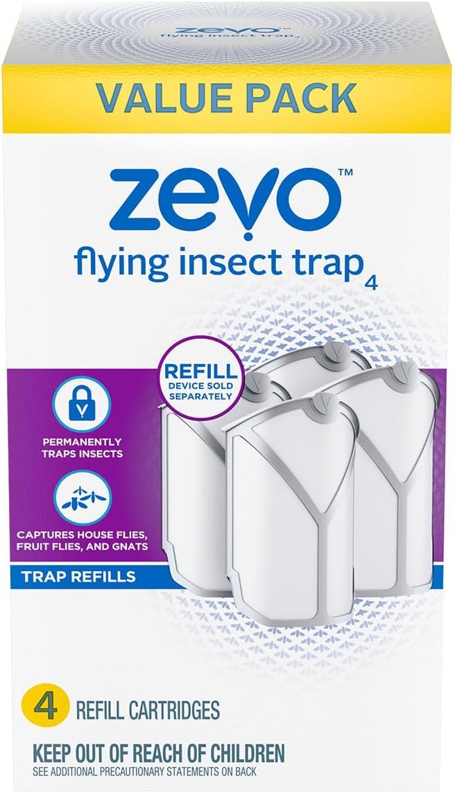 Zevo Flying Insect Trap for Indoors: Light Trap Captures Fruit Flies, Gnats and Houseflies (4 Refill Cartridges Pack)