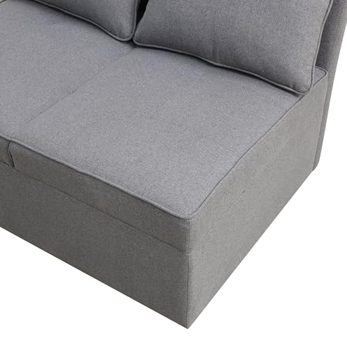 UOCFYK Convertible Ottoman Sofa with Storage, Modern Sackcloth Futon Couch with 2 Pillows Adjustable Backrest, Recliner Folding Loveseat for Living Room, Apartment Dorm, Office,Grey