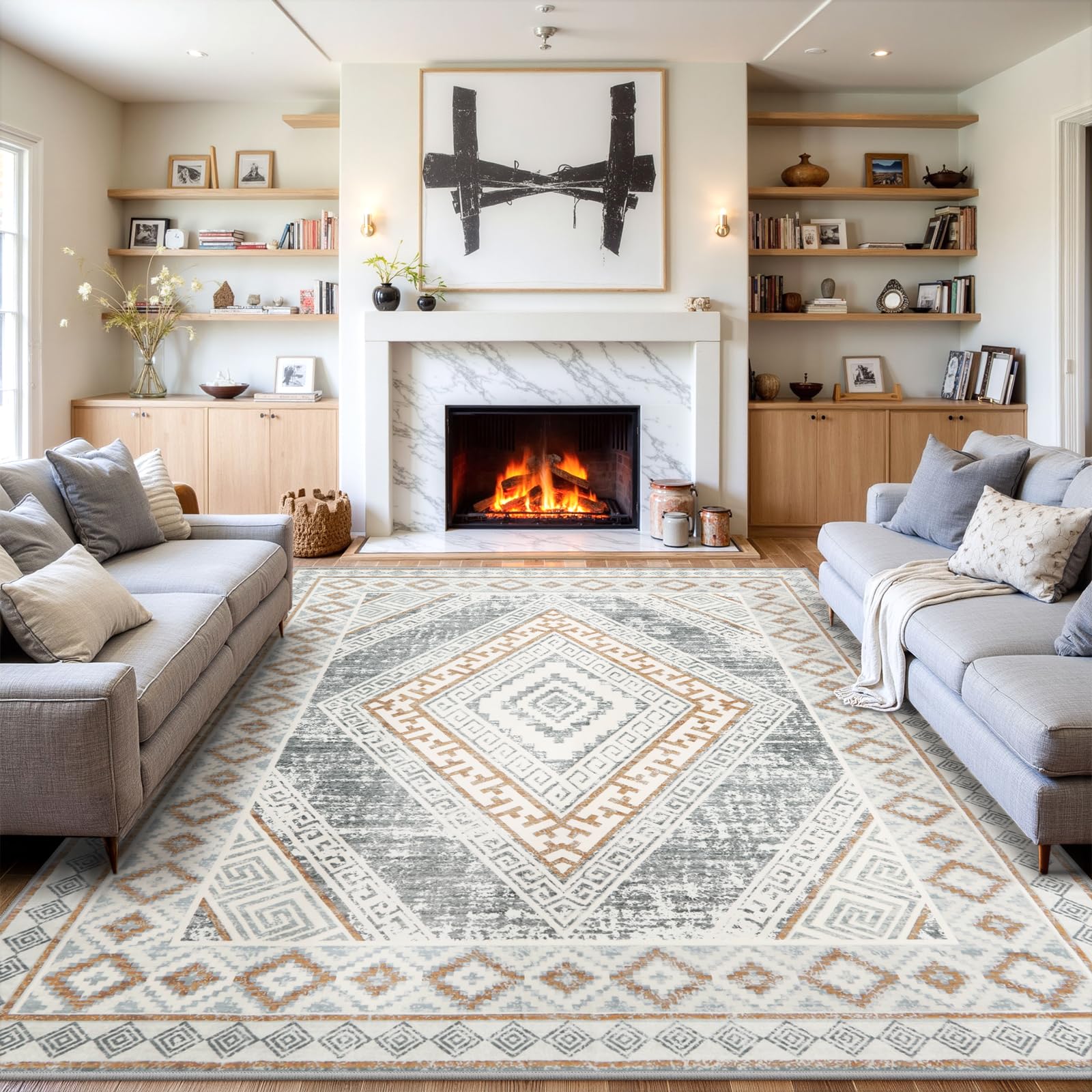 Uphome Boho Tribal Area Rug 8x10 Rugs for Living Room, Orange Washable Non-Slip Bedroom Rugs, Vintage Oriental Tribal Office Rug, Soft Classical Aesthetic Indoor Rug for Dining Room Dorm Kids Room