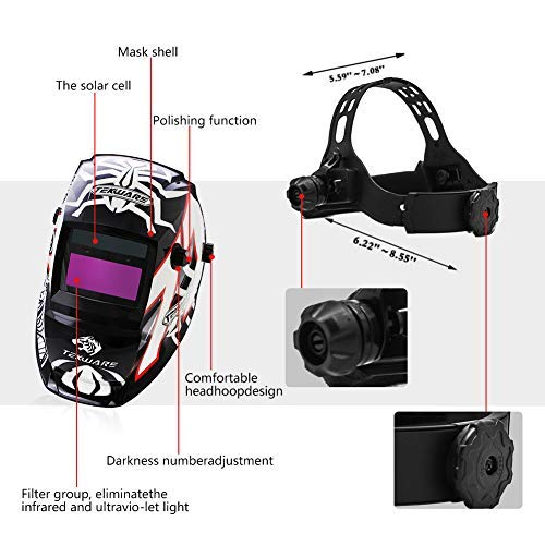 JSungo Welding Helmet Solar Powered, Luminous Auto Darkening Weld Hood with An Extra Clear Lens, Variable Shade Range 4/9-13 for TIG MIG Arc Welder Mask (Spider)