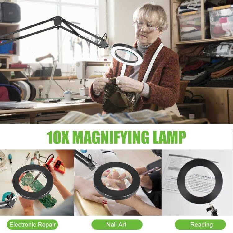 Magnifying Glass with Light, Longer Magnifying Desk Lamp with 3-Section Swing Arm and Big Clamp, 3 Adjustable Lighting, 10 Level Brightness Magnifier Light for Reading/Office/Soldering
