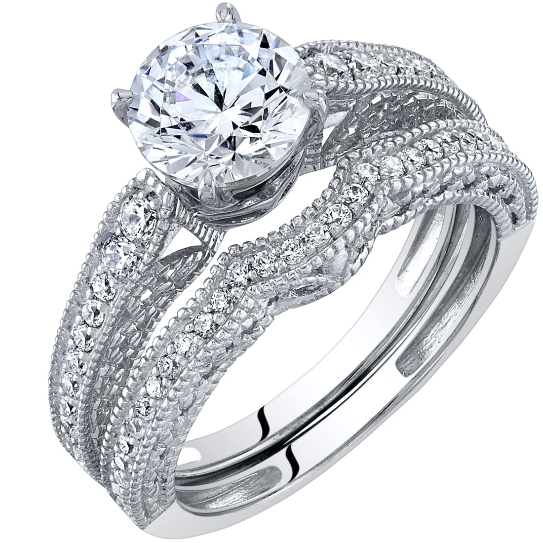 PEORA 1.50 Carats Moissanite Filigree Engagement Ring and Wedding Band Bridal Set for Women 925 Sterling Silver, Round Brilliant Shape, D-E Color, VVS Clarity, Size 9.5