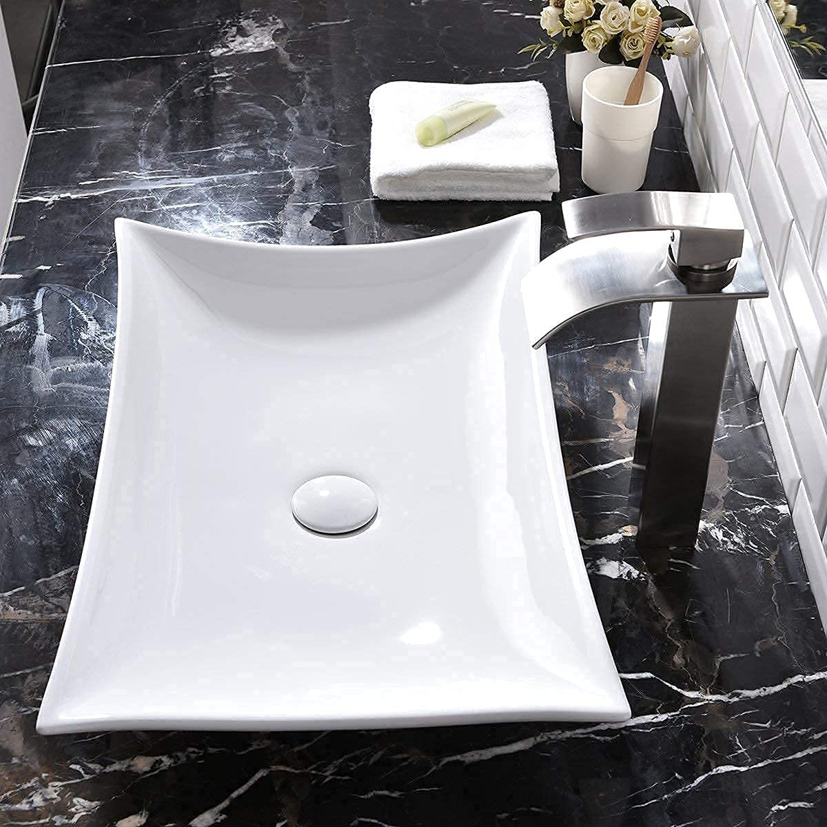 SHACO Contemporary 22.44" X 14.57" Porcelain Ceramic Above Counter Bathroom Vessel Sink, Countertop Bowl Lavatory Vanity Big Bathroom Sink