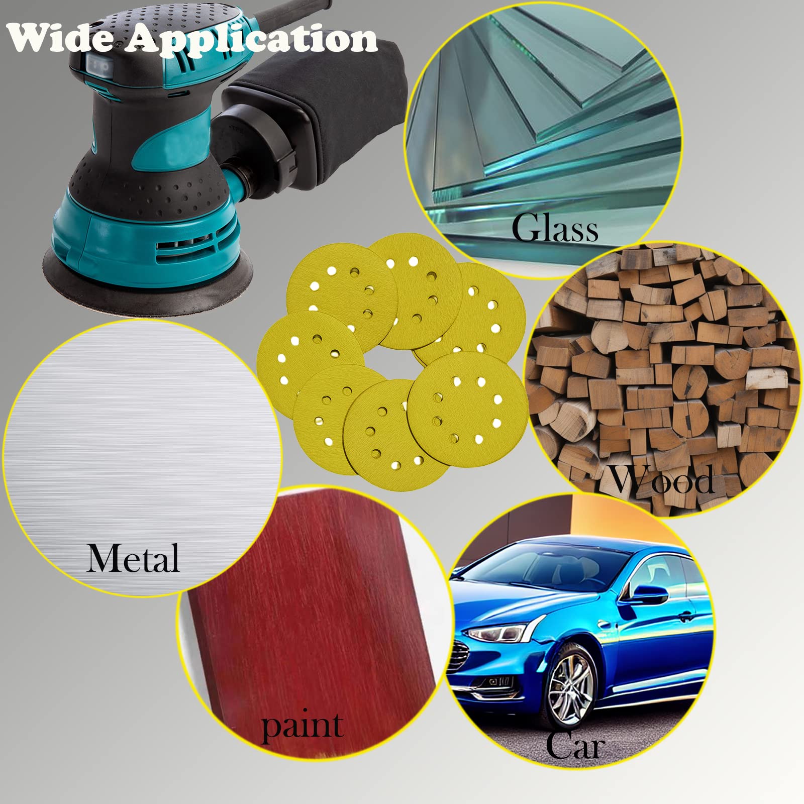 M-jump 100 Pack 5 Inch Sanding Discs, 80 Grit Hook and Loop Sandpaper for Woodworking or Automotive, 8 Hole Gold Premium Dustless Random Orbit Sandpaper