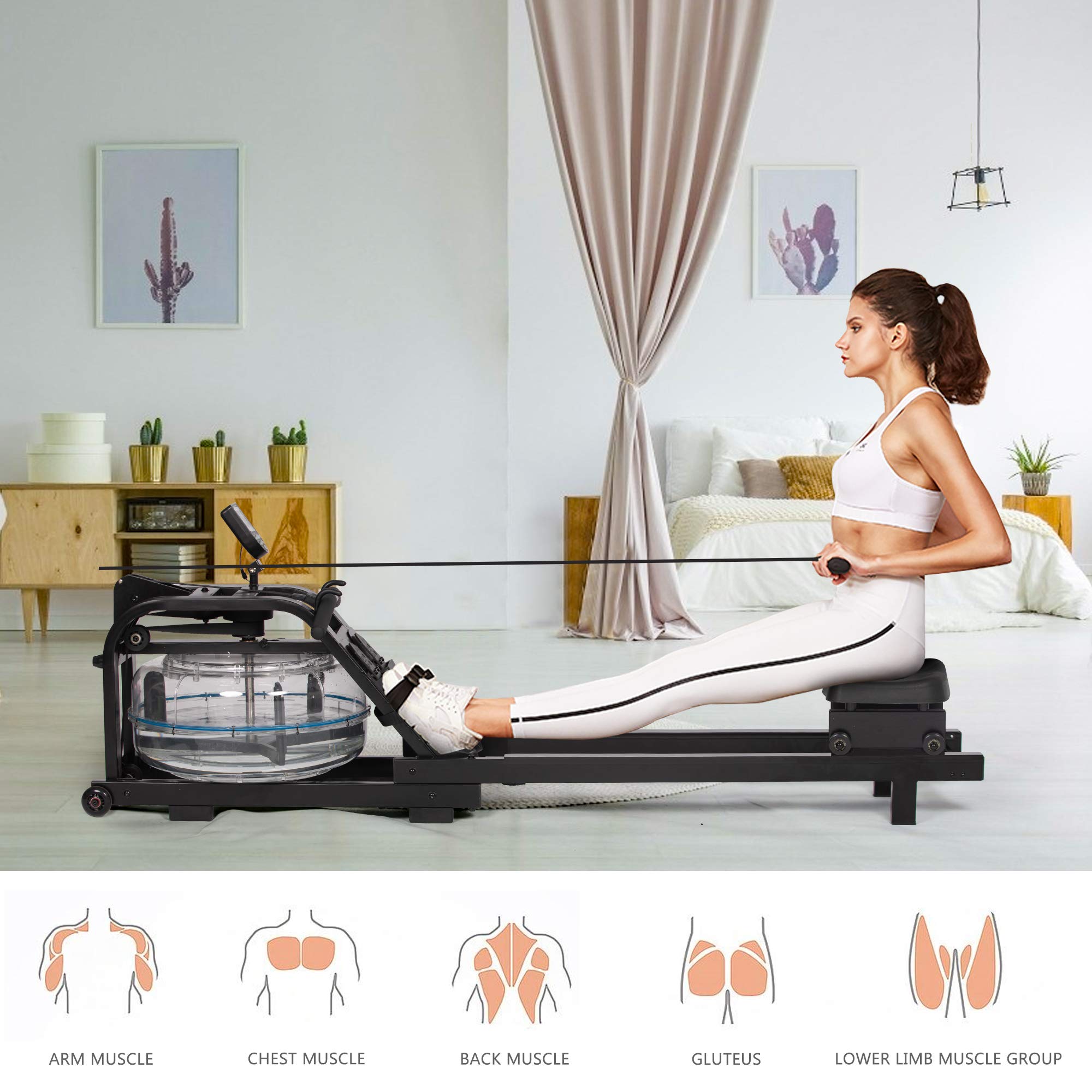Koreyosh Foldable Water Rowing Machine Indoor Water Rower Adjustable Resistance with LCD Monitor Home Gym Equipment for Whole Body Exercise Cardio Training (Wood-Foldable)