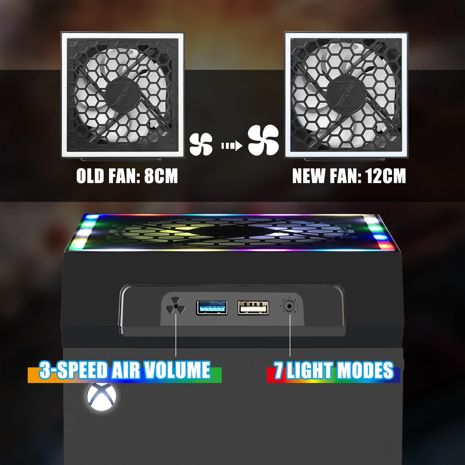Raryars Cooling Fan for Xbox Series X with RGB and Upgraded 5 Inches Big Fan Low Noise Top Fan Adjustable Speed Cooler Fan System Extra 2 USB Port & Touch Switch