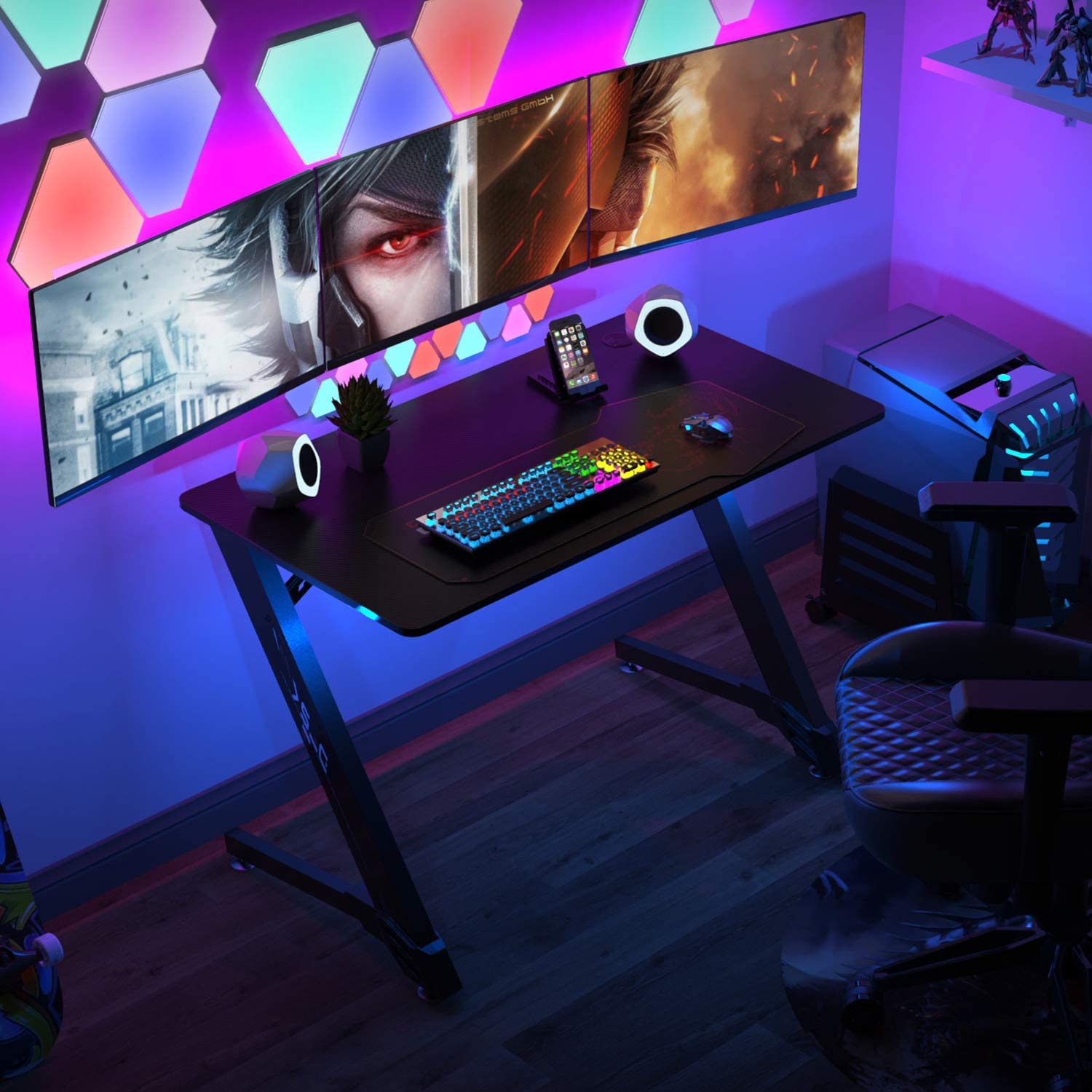 It's_Organized Gaming Desk 43 Inch Computer Desk Gaming Table Z Shaped PC Gaming Workstation Home Office Desk with Large Mouse Pad Carbon Fiber Surface,Black