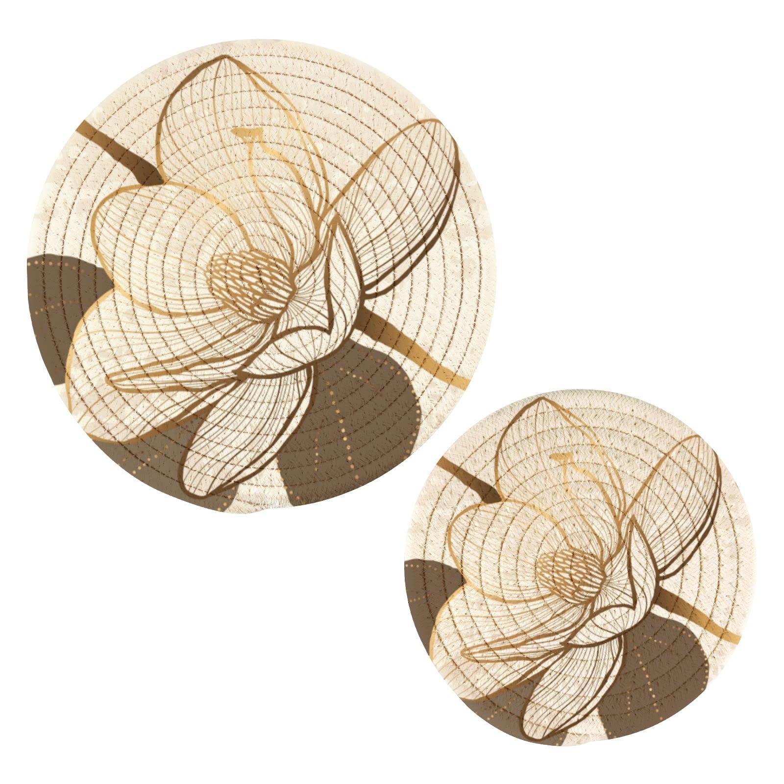 Magnolia Flower Golden Trivets for Hot Dishes Pot Holders Set of 2 Pieces Hot Pads for Kitchen Cotton Round Trivets for Hot Pots and Pans Placemats Set for Kitchen Countertops Decor