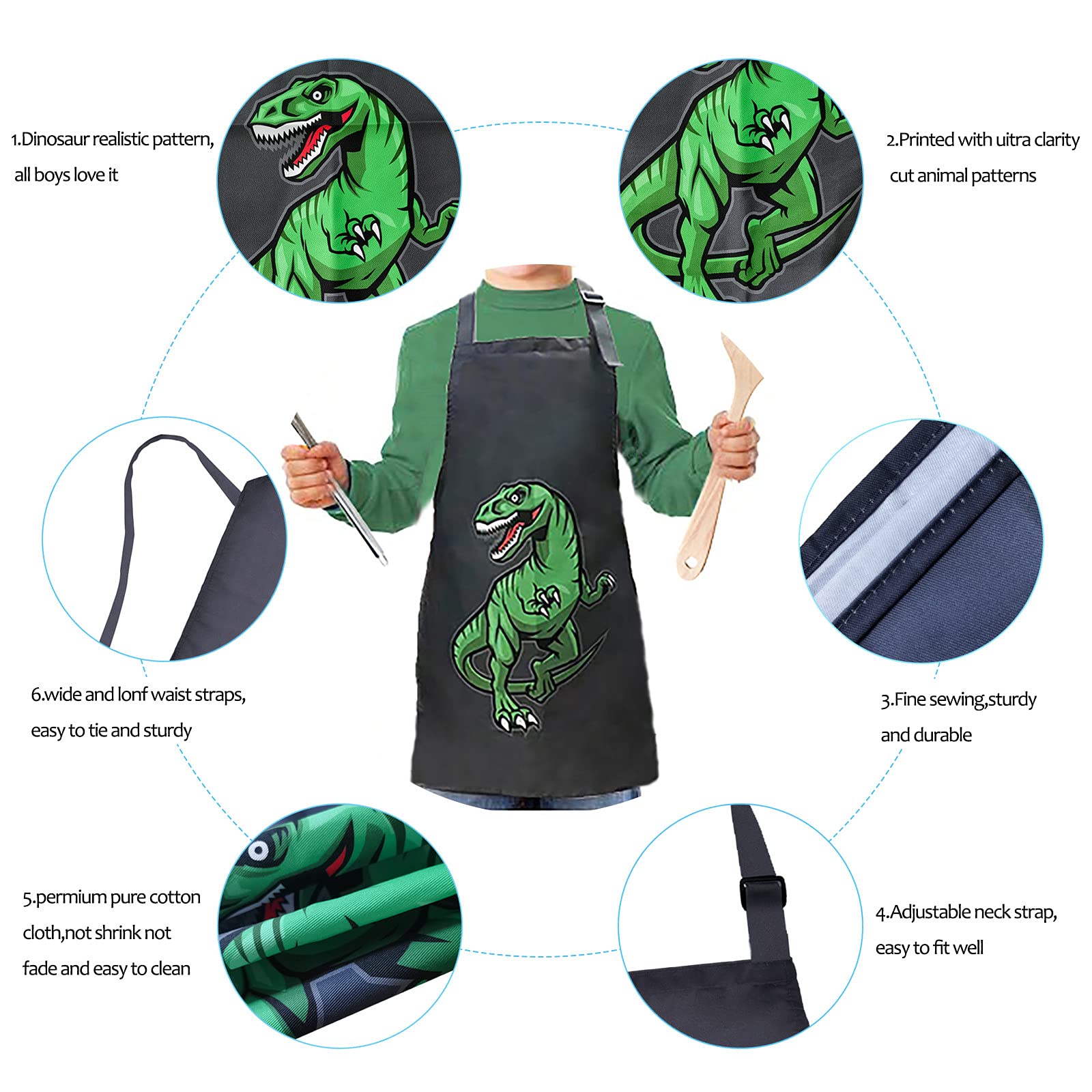 MRYUWB 2 Pack Boys Dinosaur Apron, Girls Rainbow Unicorn Aprons for Cooking, Painting, Kitchen Chef Apron for Kids 3-12 Years (Powerful Dinosaurs, Large (6-12 Years))