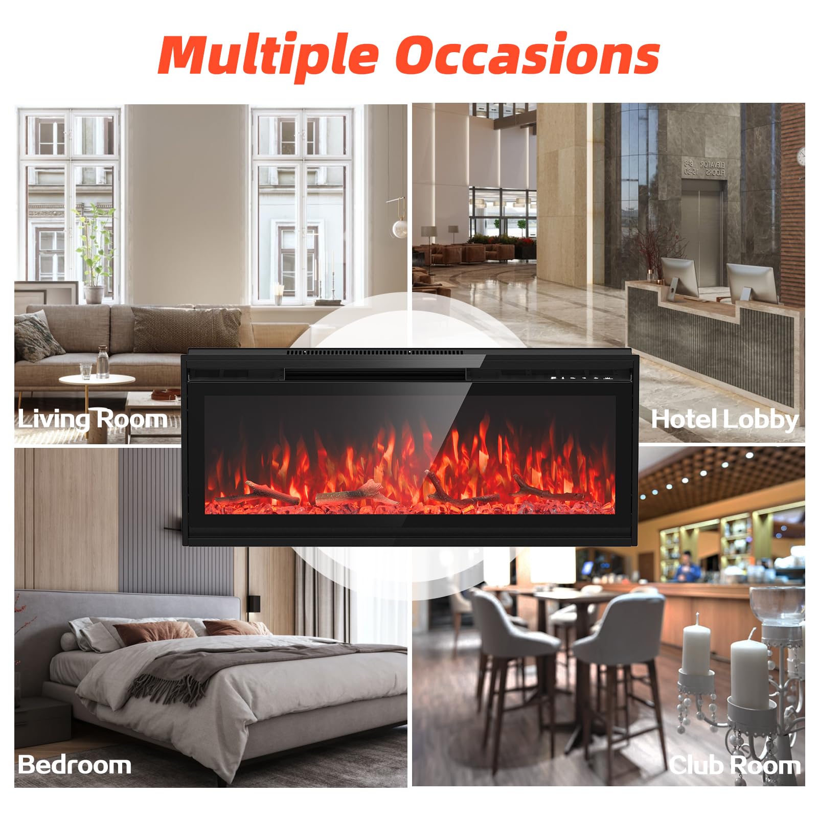 Ooiior 40 Inch Electric Fireplace, Recessed and Wall Mounted Fireplace with Remote Control, Ultra-Thin Fireplace Heater and Linear Fireplace, with Timer, Adjustable Flame Color, 750/1500W