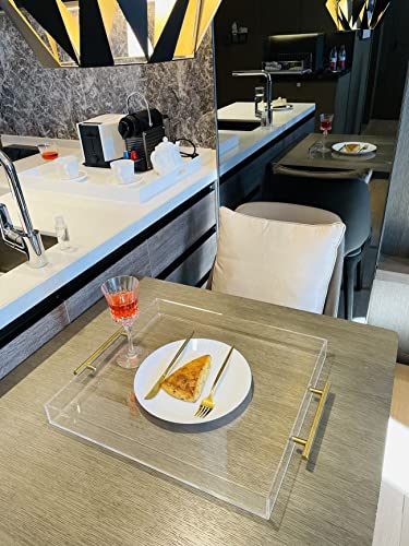 NITINOL 16x18 Inches Large Clear Acrylic Serving Tray with Handles Spill Proof Trays for Coffee Table Bathroom Kitchen Office