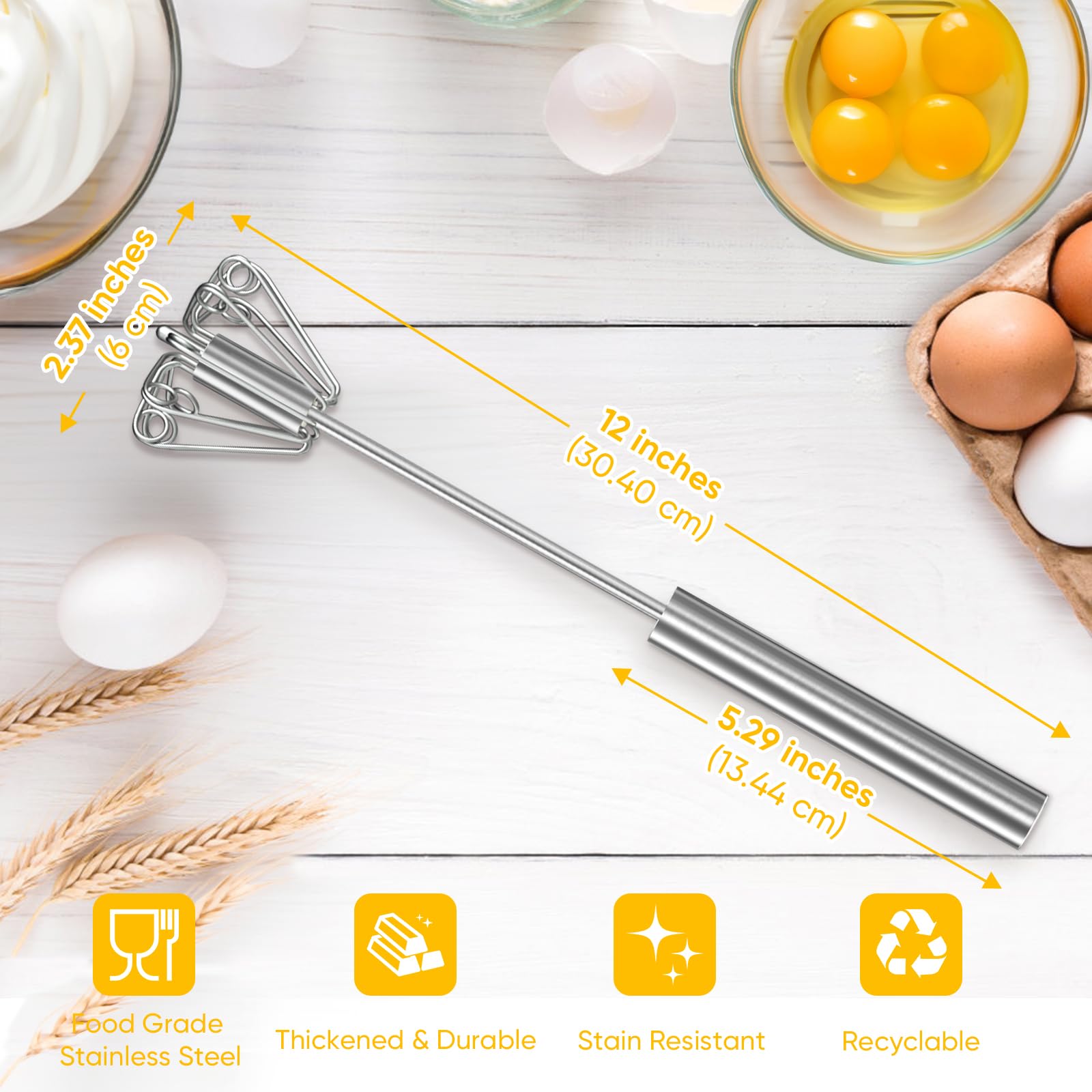 OOKUU Stainless Steel Egg Whisk, Whizzy Whisk, Semi Automatic Whisk Blender for Home - Versatile Tool for Egg Beater, Hand Push Whisk Blender, for Blending, Whisking, Beating & Stirring (12in)