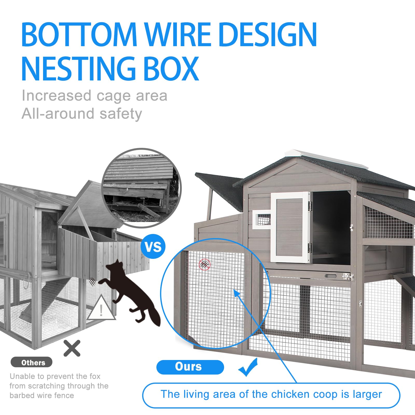 PetsCosset Chicken Coop Wooden Backyard Hen House - Indoor Outdoor for 2-3 Chickens, 2 Story Poultry Cage with Run, Chicken Nesting Box, Pull Out Trays and Anti-Slip Asphalt Ramp