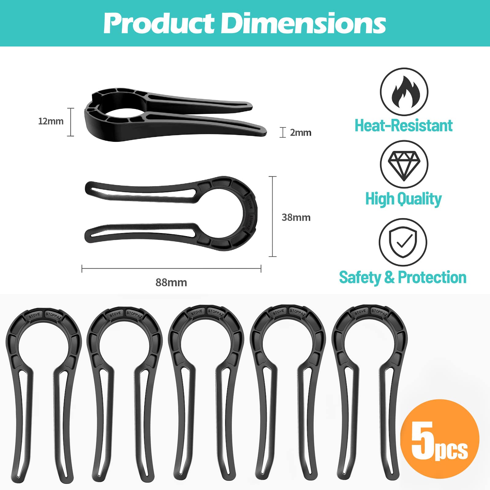 Stove Knob Locks (5 Pack), Stove Stoppaz Child Safety Guards, Durable Design - Baby and Pets Proof (Dark Black)