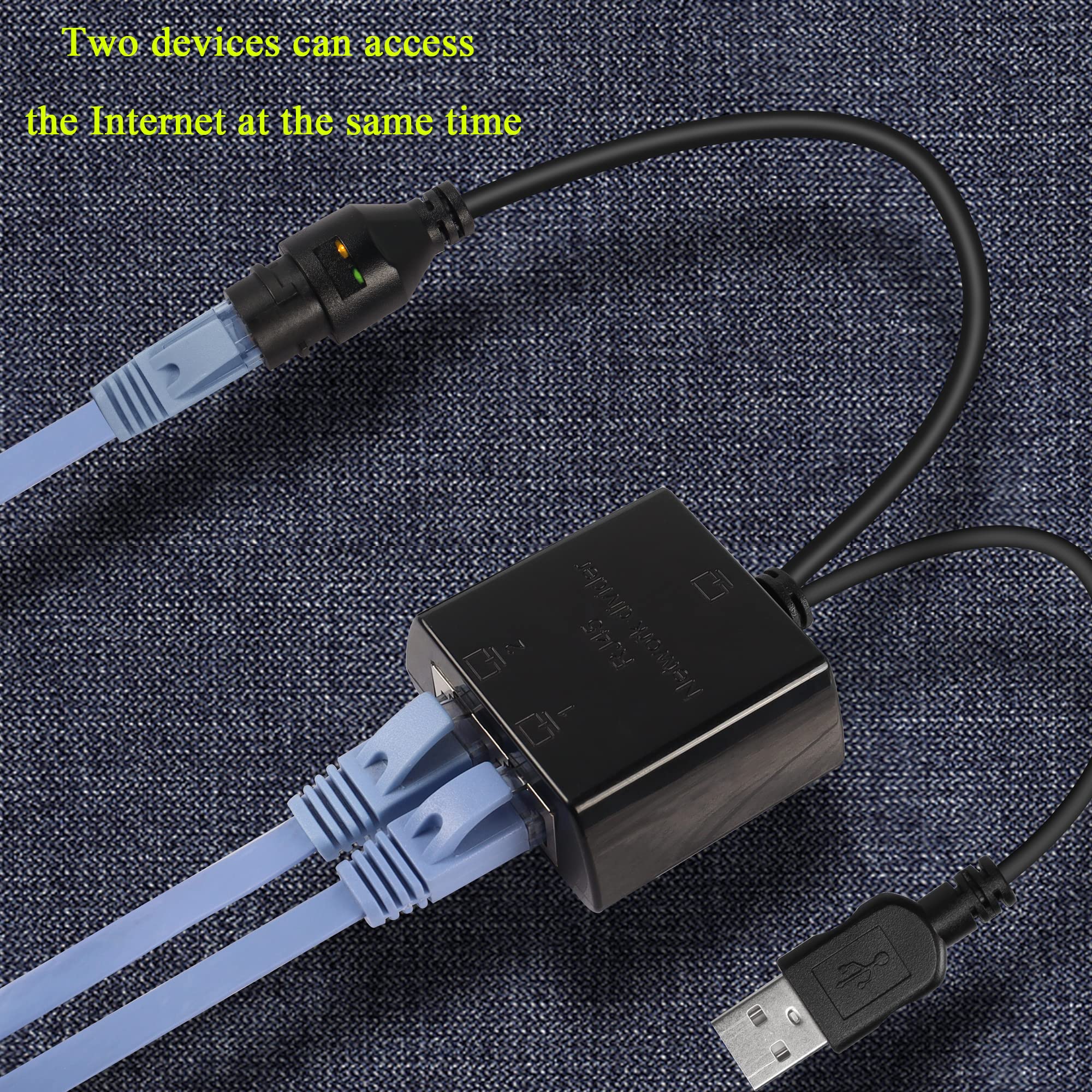 QIANRENON RJ45 1 to 2 Network Splitter Divider 2 Port 100M Ethernet Share Connector, with USB Powered,Support 2 Port to Access The Internet at The Same Time.for Router Computer TV Set-top Boxe