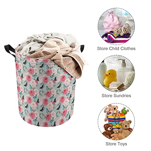 Roses and Butterfly Laundry Basket Round Collapsible Storage Bin with Drawstring and Handle for Bedroom Bathroom Toys Room 17.3" X 13.8"