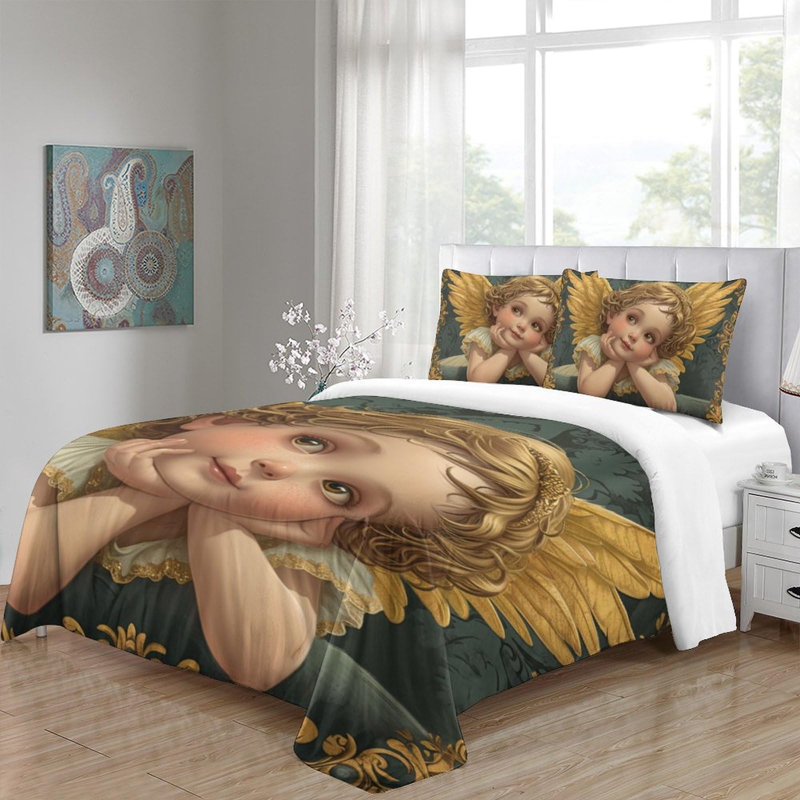 SorEci Cherubs 3pcs 3D Bedding Set Golden Wings Duvet Cover Set Bed Printed Quilt Cover Bed Linens with 2 Pillowcases with Zipper All Season Queen(228x228cm), Style-3
