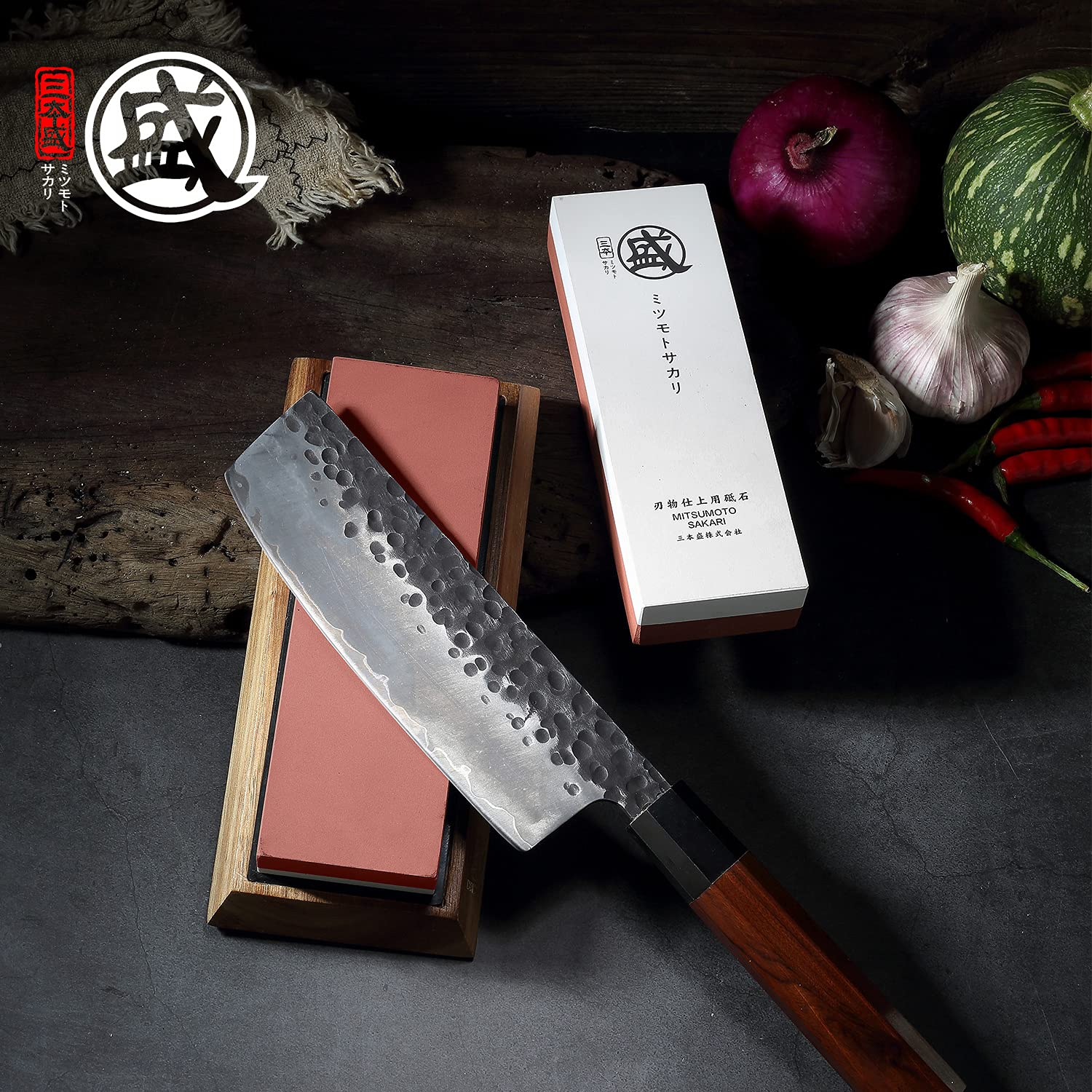 MITSUMOTO SAKARI Japanese Knife Sharpening Stone, Professional Kitchen 1000/3000 Grit Knife Sharpener Stone, Anti-Slip Bamboo Seat Sharpener Whetstone