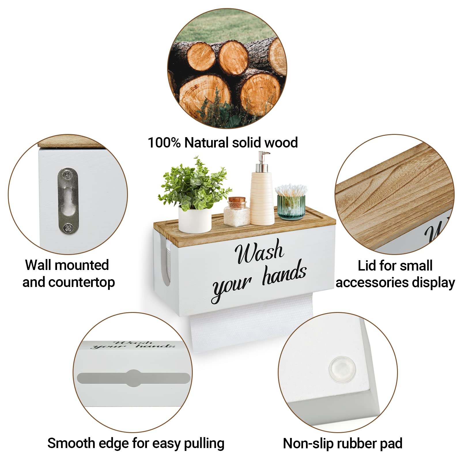 PICKKROSS Solid Wood Paper Towel Dispenser Wall Mount, Commercial Paper Towel Holder with Lid Countertop, C-Fold, Z-Fold, Trifold Paper Towel Dispenser Hand Towel Holder for Bathroom and Kitchen