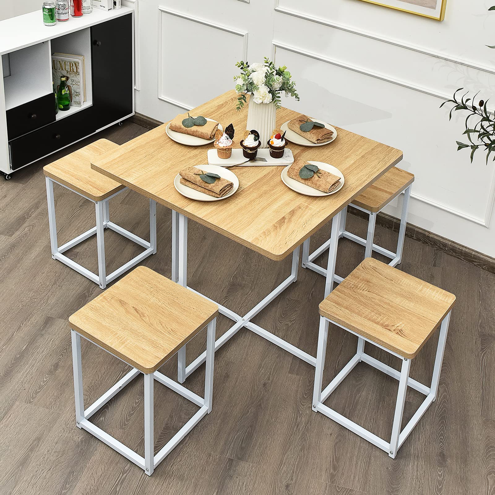 KOTEK Dining Table Set for 4, Kitchen & Dining Room Table Sets with 4 Square Stools, Metal Frame, 5 Piece Compact Kitchen Table and Chairs for Small Space (Walnut & Black)