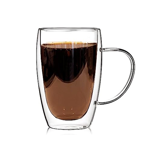 MARKABLE Interiorsbydebbi Selected Double Wall Glass Coffee Mug, 15.2 Ounces-Clear Glass Coffee Cup with Handle, Insulated Coffee Glass, Cappuccino Cup, Tea Cup, Latte Cup, Beverage Glass