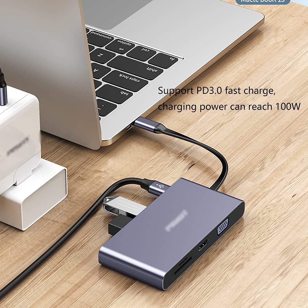 SOEN Hub Dock Adapter USB C Hub 9 in 1 Type C Adapter with Hidden Cable Dock Station (HDMI/VGA/Ethernet/2 USB 3.0/USB 2.0/SD and TF Slots/PD 100W) Computer Accessories